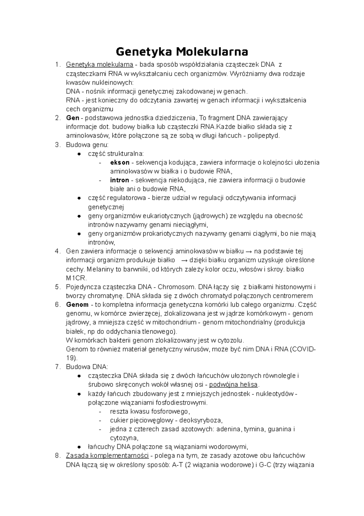 Genetyka Molekularna - Notatki z Podręcznika do Nauki - Studocu