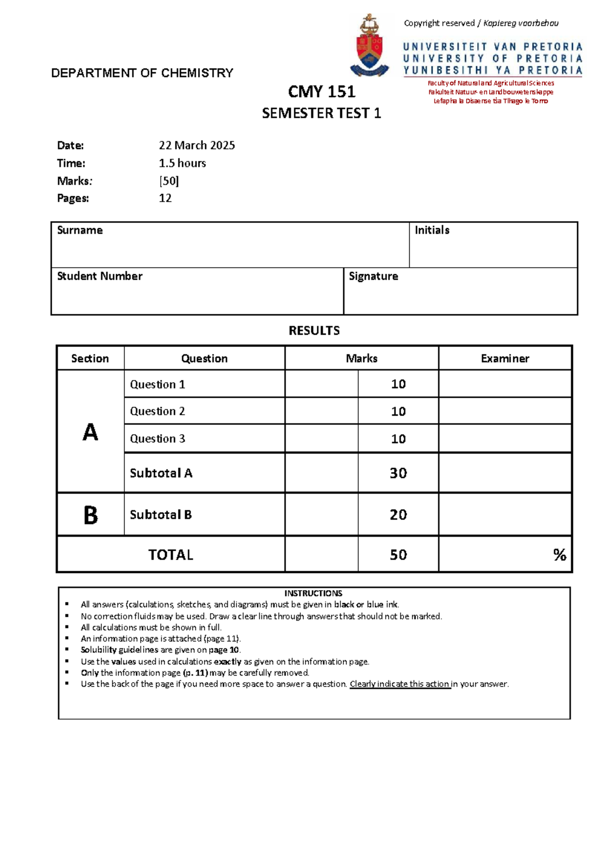 CMY 151 Semester Test 1 Answers - University of Pretoria 2025 - Studocu
