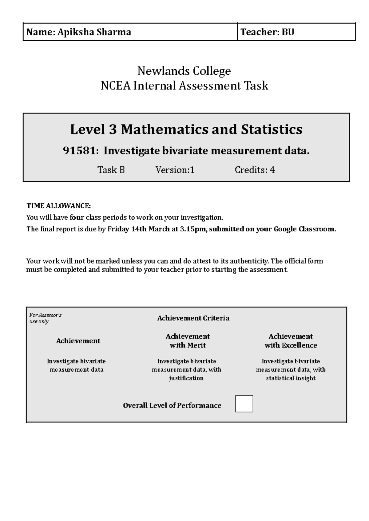 Bivariate Measurement Data Investigation - NCEA Level 3 Maths 91581 - Studocu