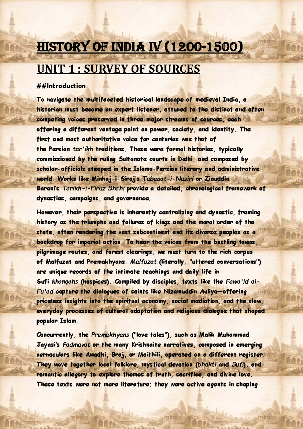 HISTORY OF INDIA IV SEM 4 UNIT 1: SOURCES AND HISTORIOGRAPHY - Studocu