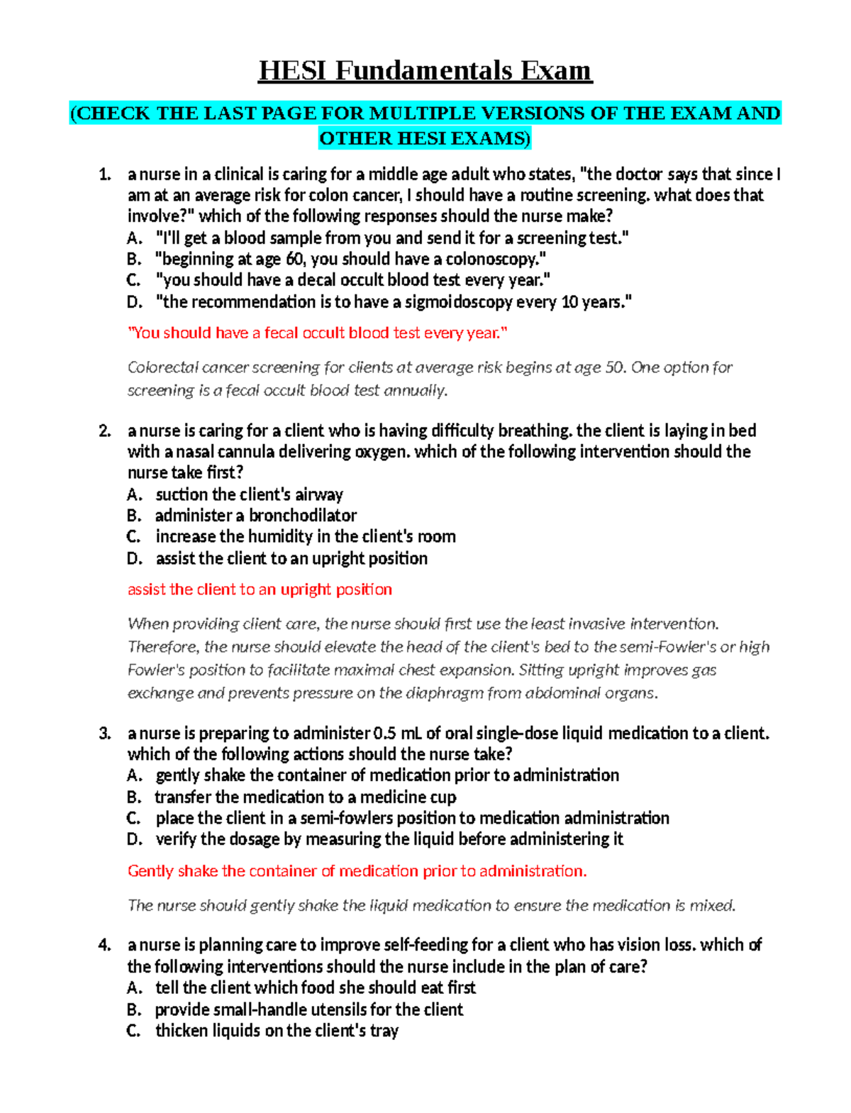 HESI Fundamentals Exam Study Guide - 12 Versions, 1000+ Q & A (2021 ...