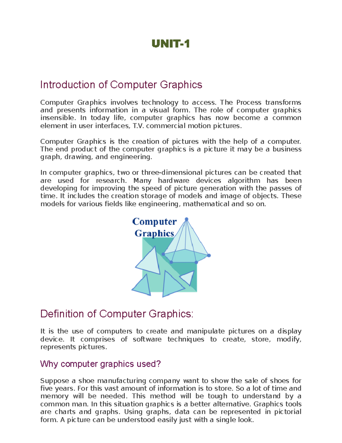CG Unit-1 - Comprehensive Notes on Computer Graphics Basics - Studocu