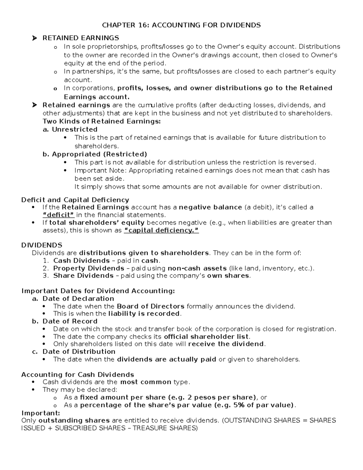 CHAPTER 16: ACCOUNTING FOR DIVIDENDS AND RETAINED EARNINGS - Studocu