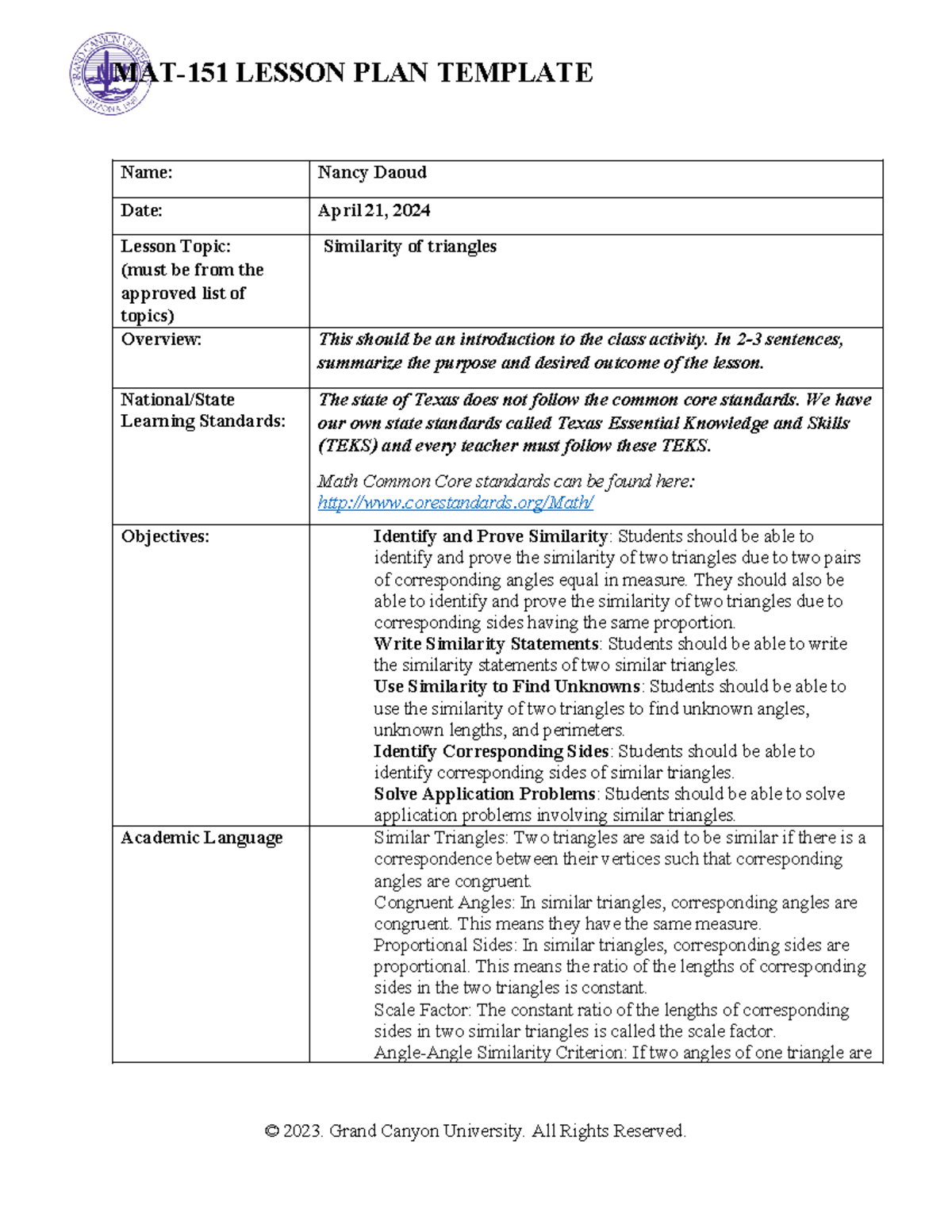 MAT-151 Lesson Plan Daoud - MAT-151 LESSON PLAN TEMPLATE Name: Nancy ...
