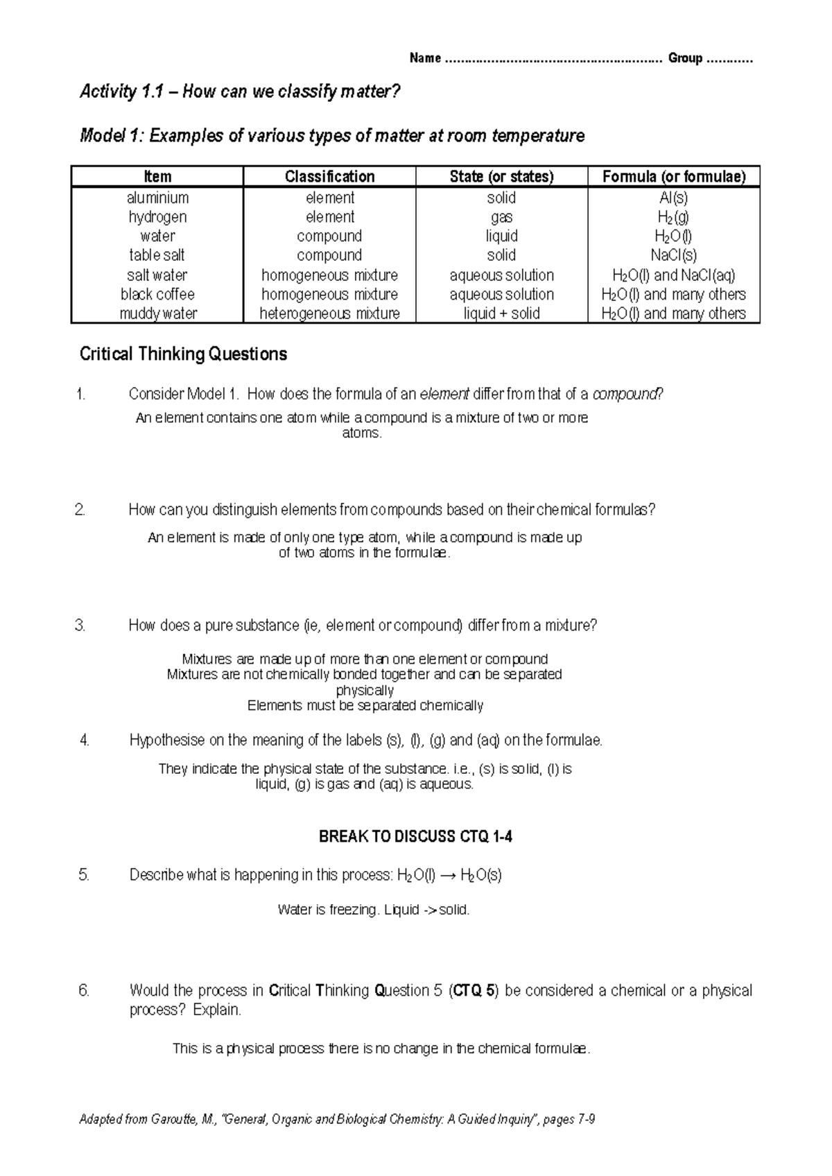 All Activities - 2023 - Activity 1 – How can we classify matter? Model ...