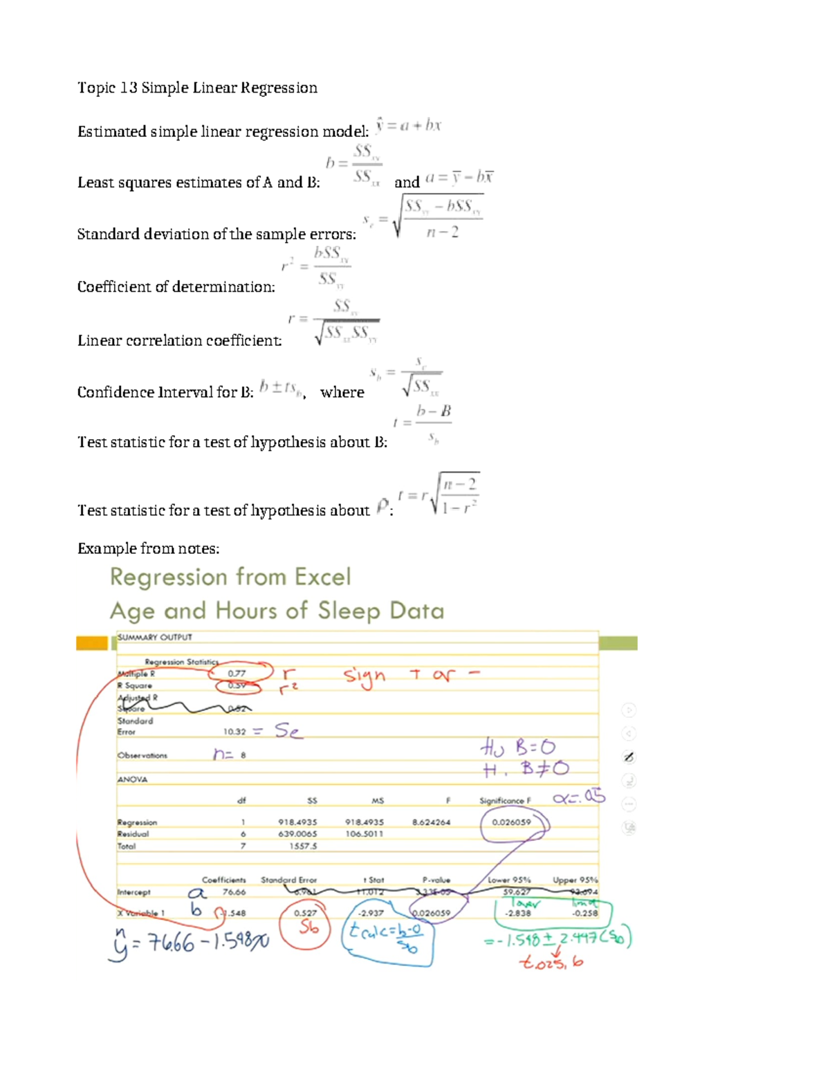 Stats Formulas Topic 13 - Plsc 214.3 - Topic 13 Simple Linear Regression Estimated simple linear ...