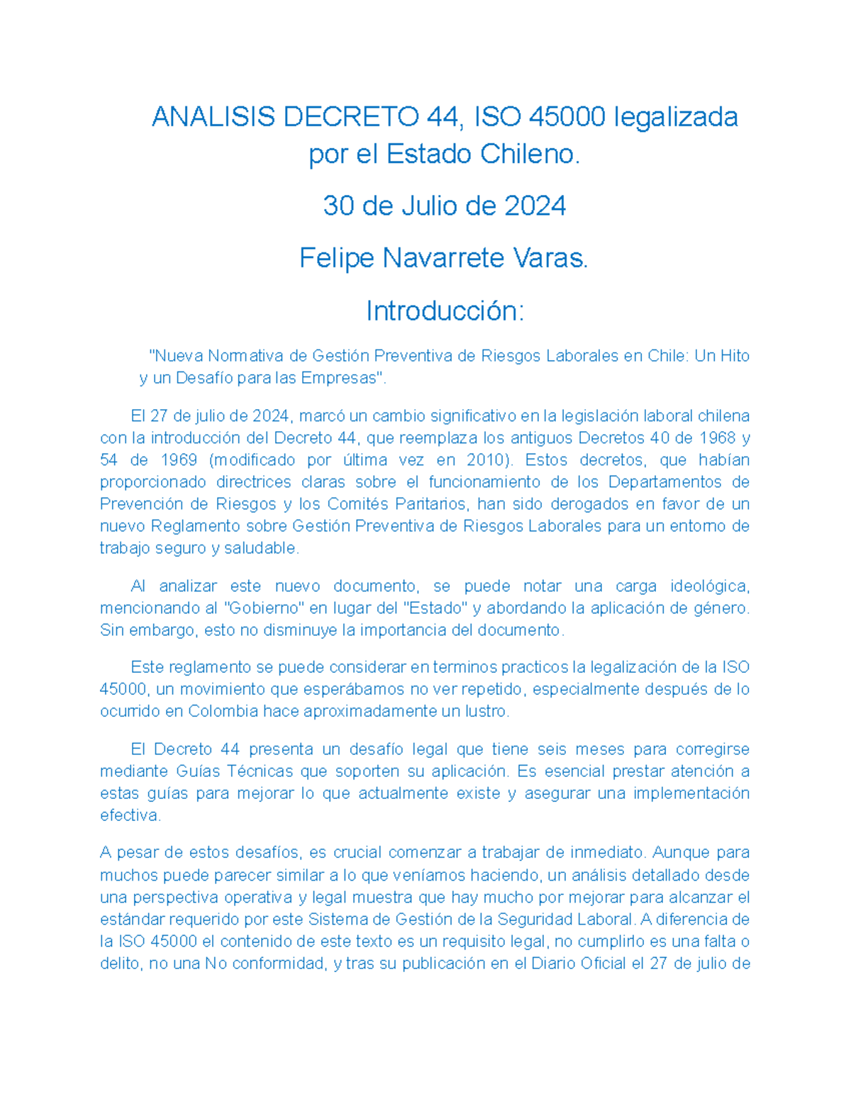 Análisis del Decreto 44: Normativa ISO 45000 en Chile (Parte 1) - Studocu