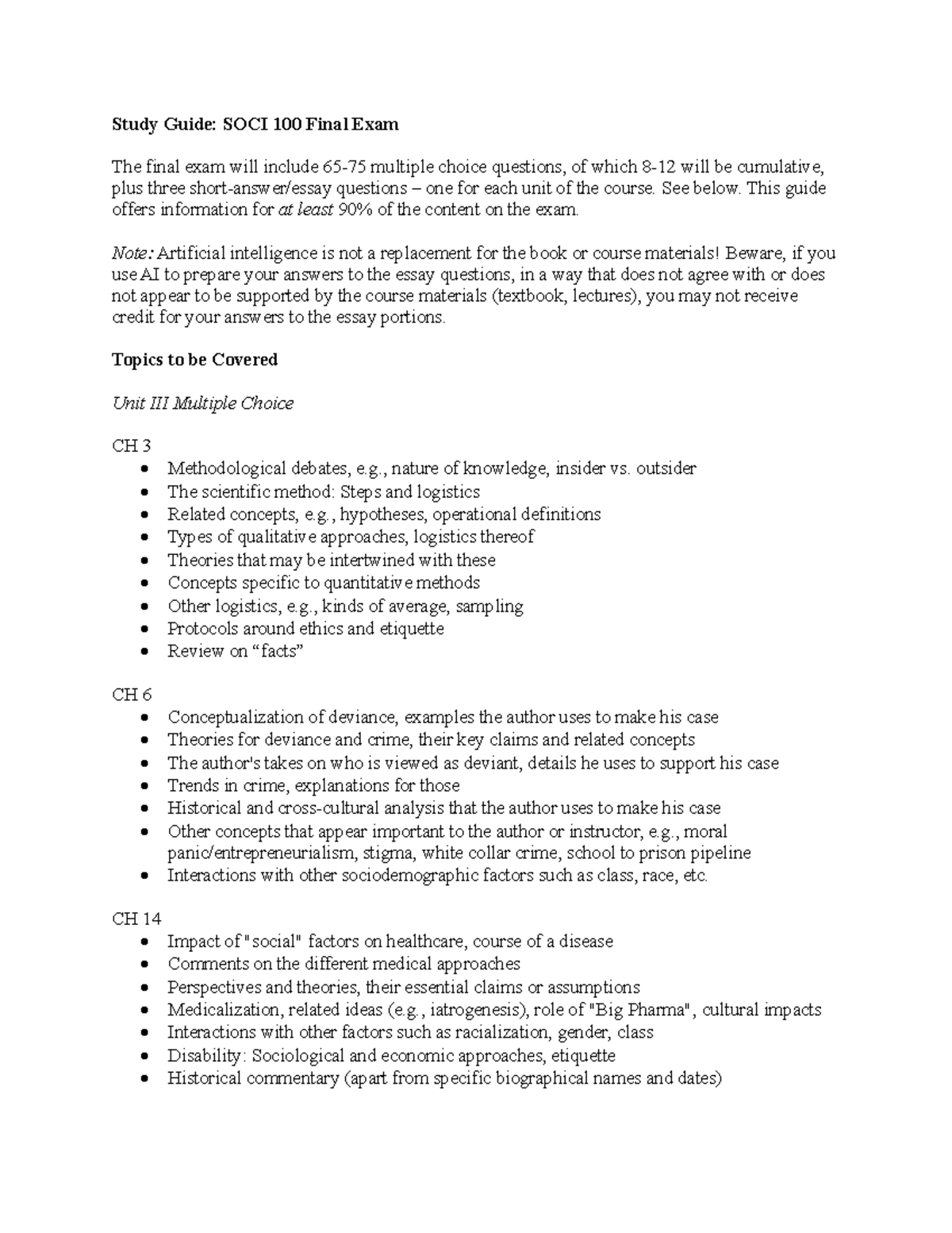 SOCI 100 Final Exam Study Guide: Key Topics & Concepts - Studocu