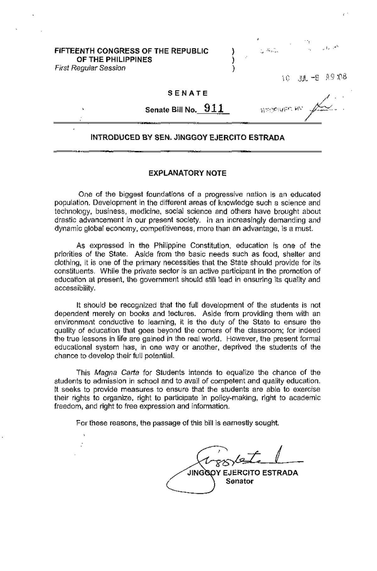 Senate Bill No. 911: Magna Carta for Students - Explanatory Note and ...