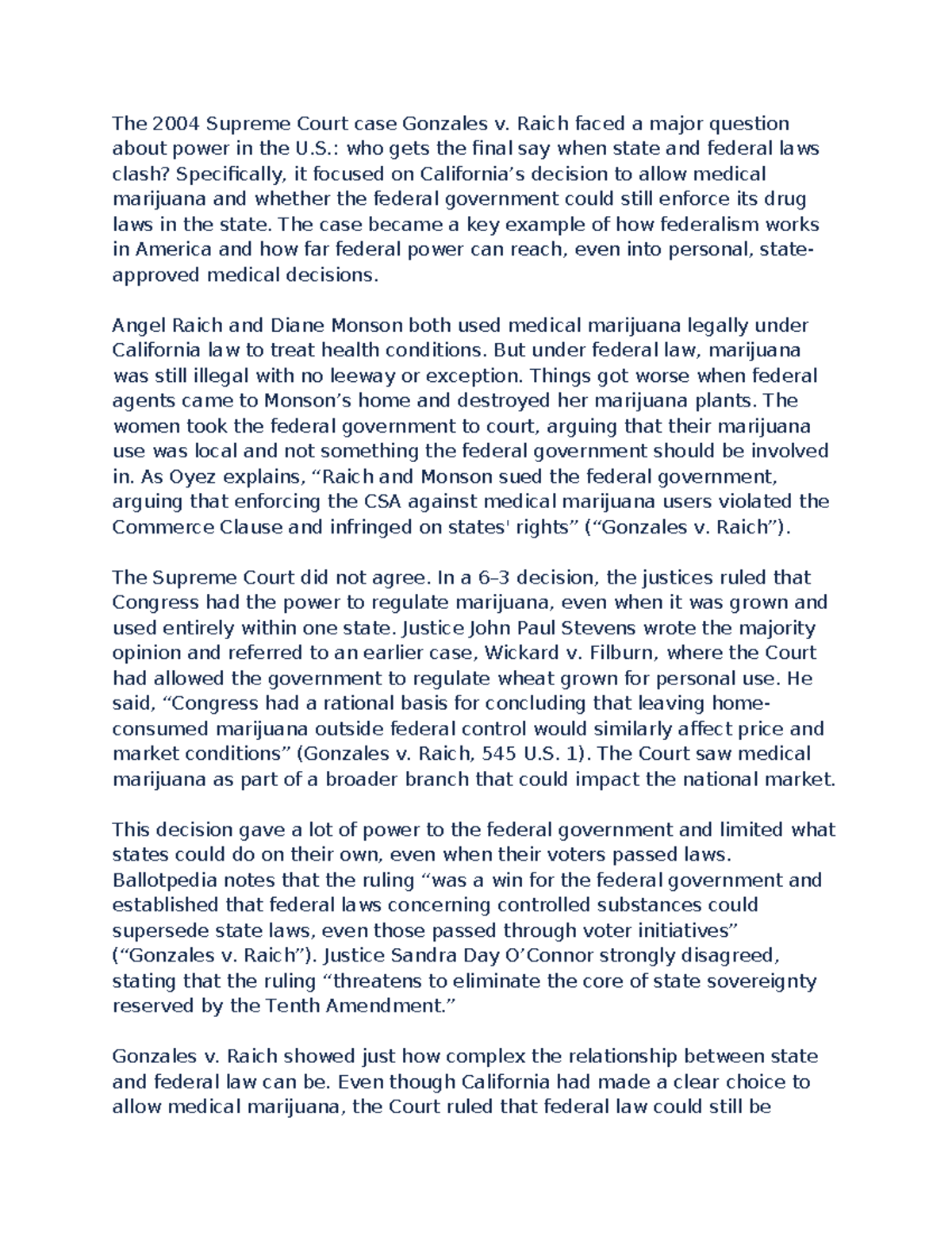 Gov Essay - FLVS Assignment: Gonzales v. Raich Case Analysis - Studocu