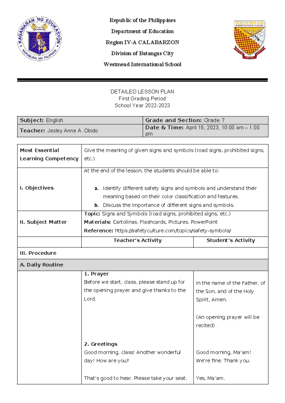 Detailed Lesson Plan: Understanding Signs & Symbols for Grade 7 (ENG ...