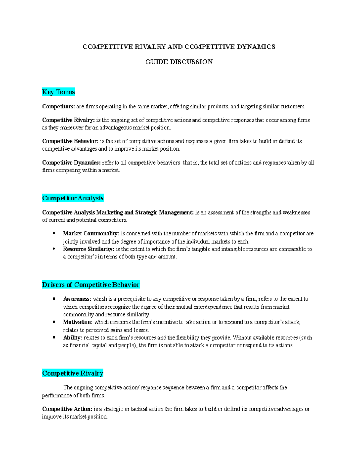 Competitive Rivalry and Competitive Dynamics Guide Discussion ...
