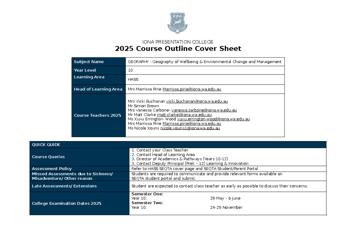 2025 Year 10 Geography Course Outline: Wellbeing & Environmental Change ...