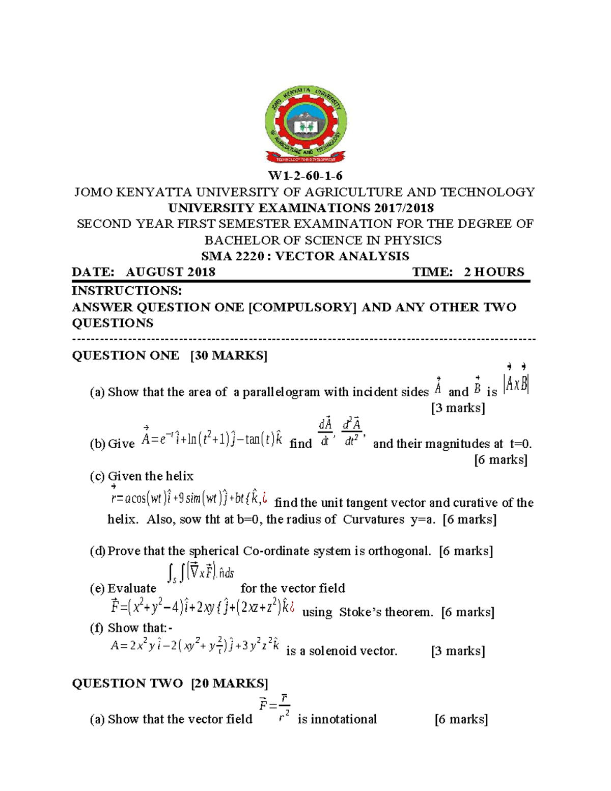 SMA 2220 Final Exam: Vector Analysis - August 2018 - Studocu