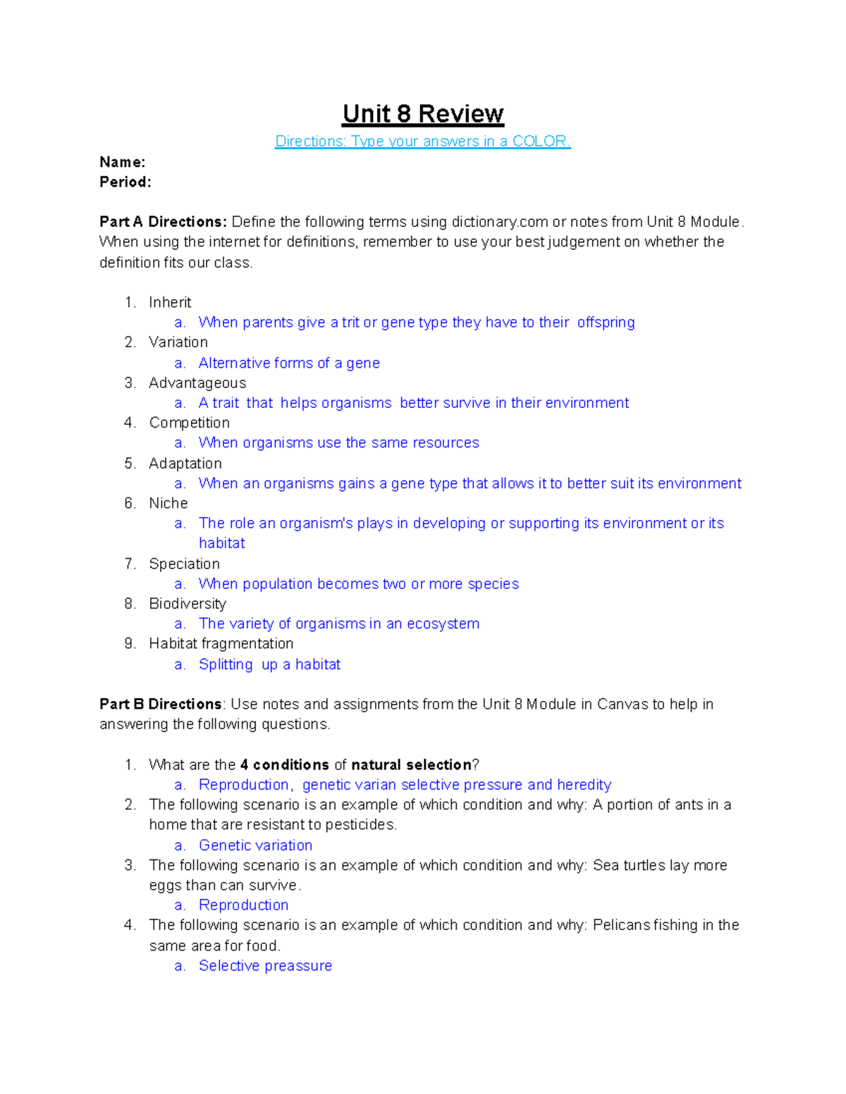 Unit 8 Review: Natural Selection and Biodiversity Concepts - Studocu