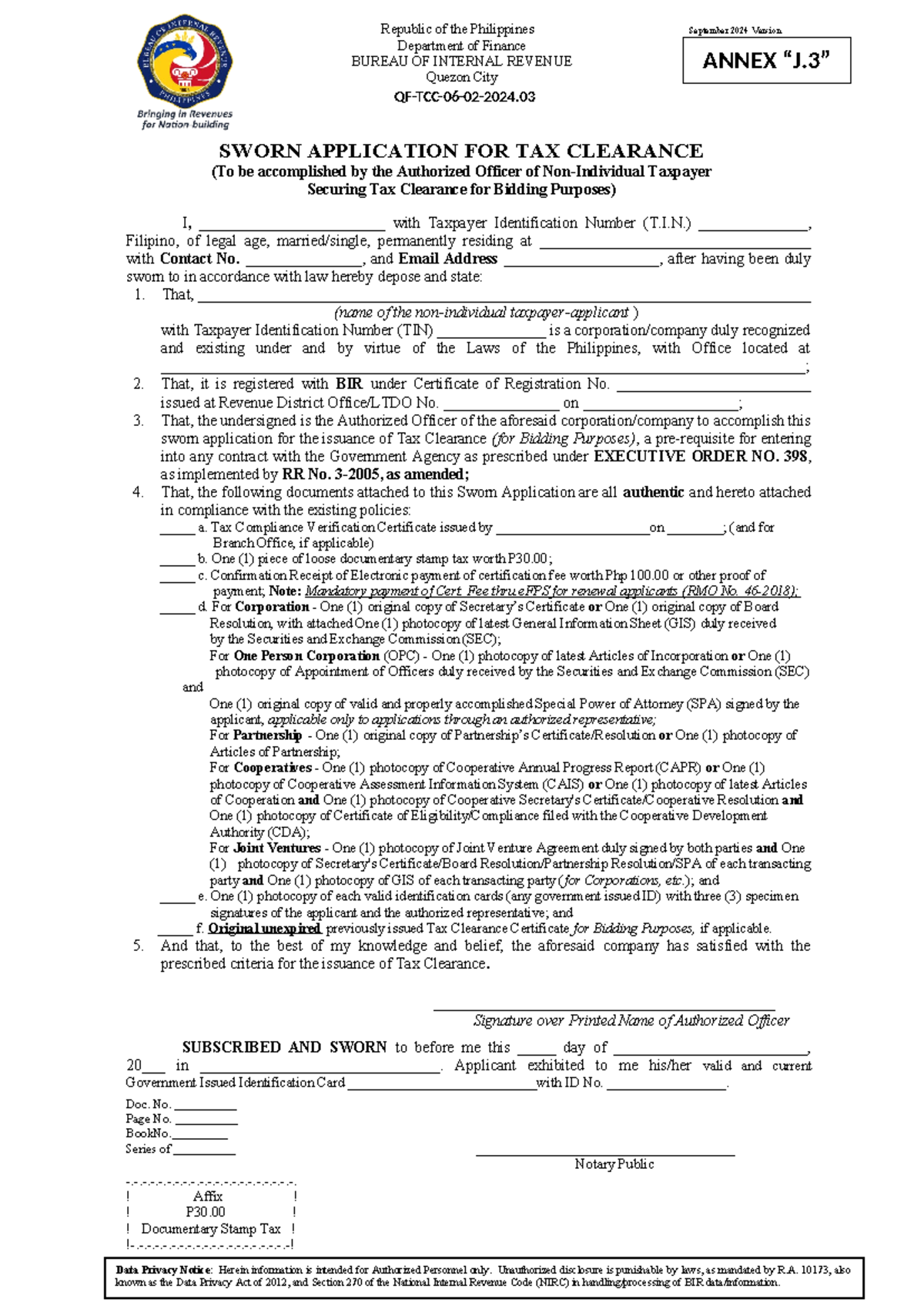 Sworn Application for Tax Clearance for Bidding Purposes (Non ...