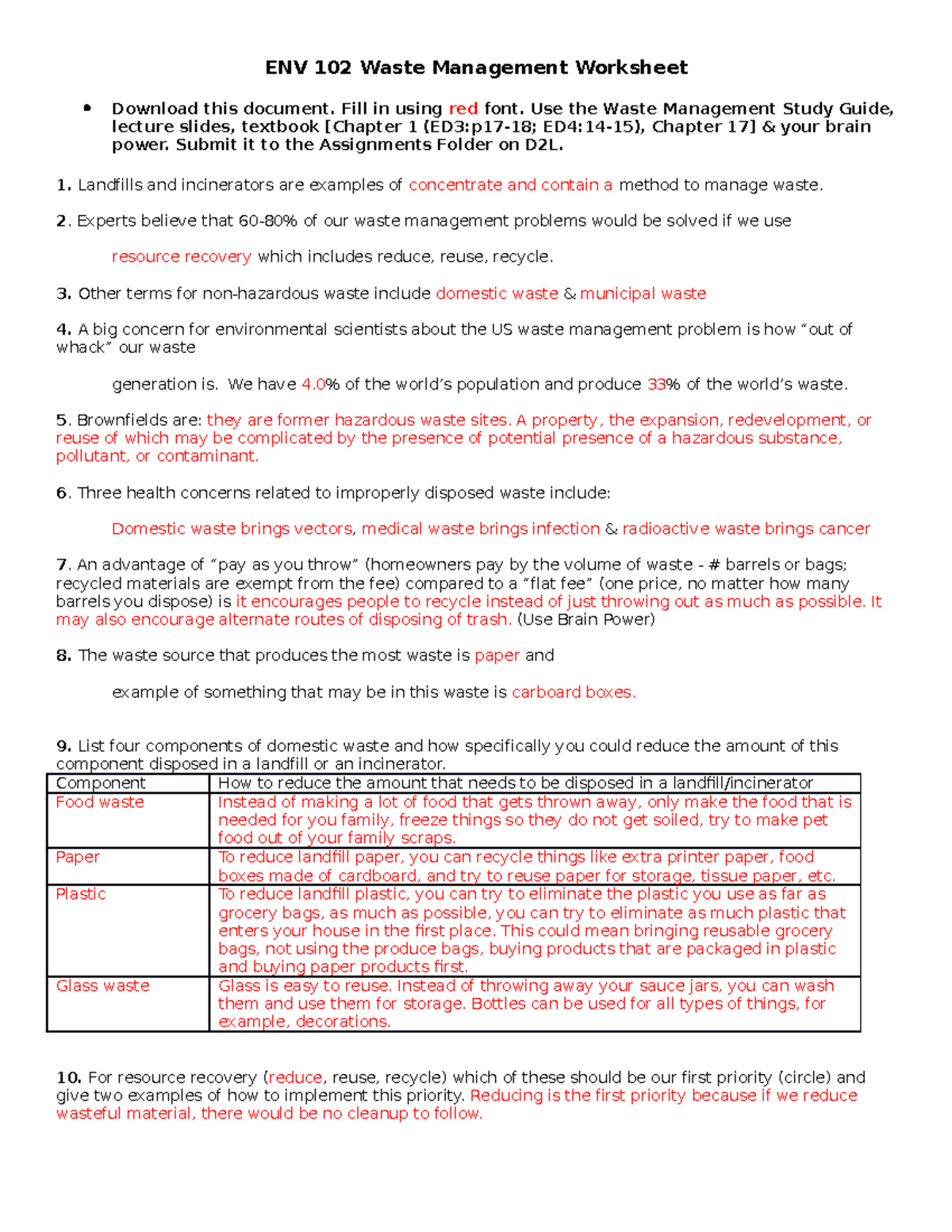 Waste Worksheet - ENV 102 Waste Management Worksheet Download this ...