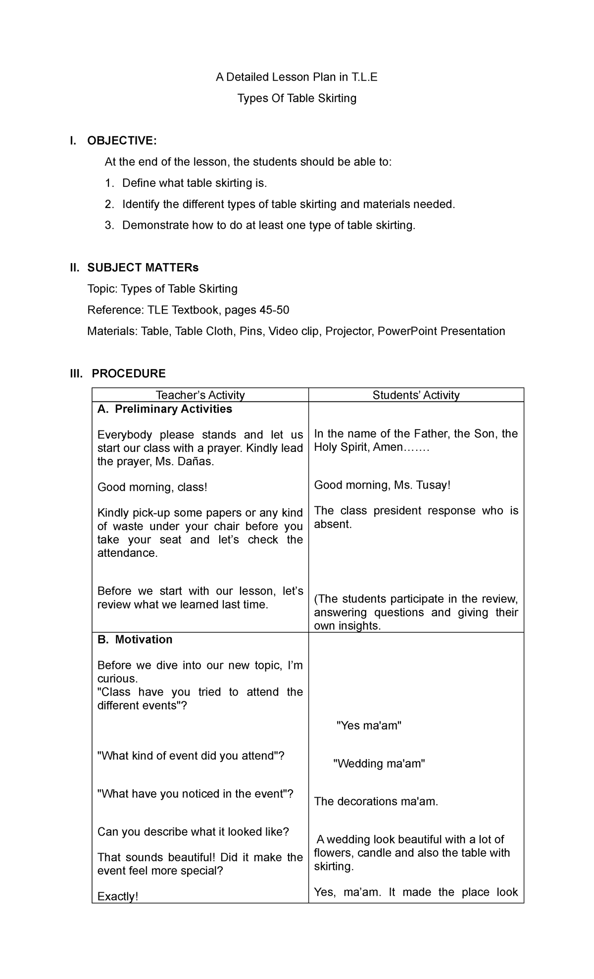 BTVTED-FSM: Detailed Lesson Plan on Types of Table Skirting - Studocu