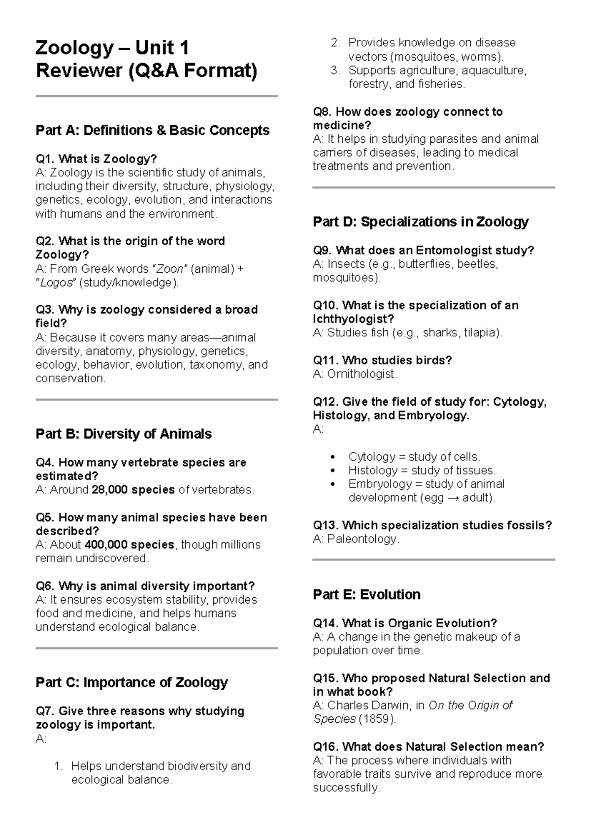 Zoology Unit 1 Final Exam Reviewer: Key Concepts & Definitions - Studocu