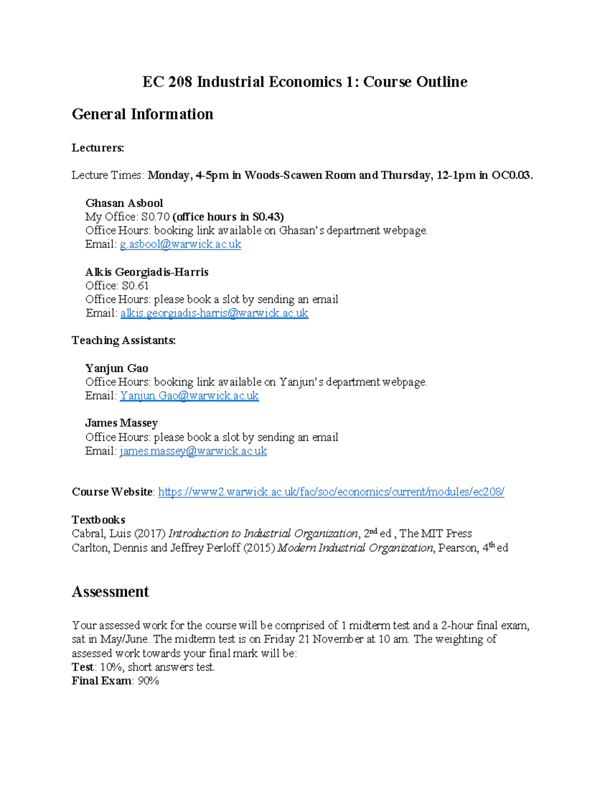 EC 208 Industrial Economics 1: Course Outline 2025-26 - Studocu