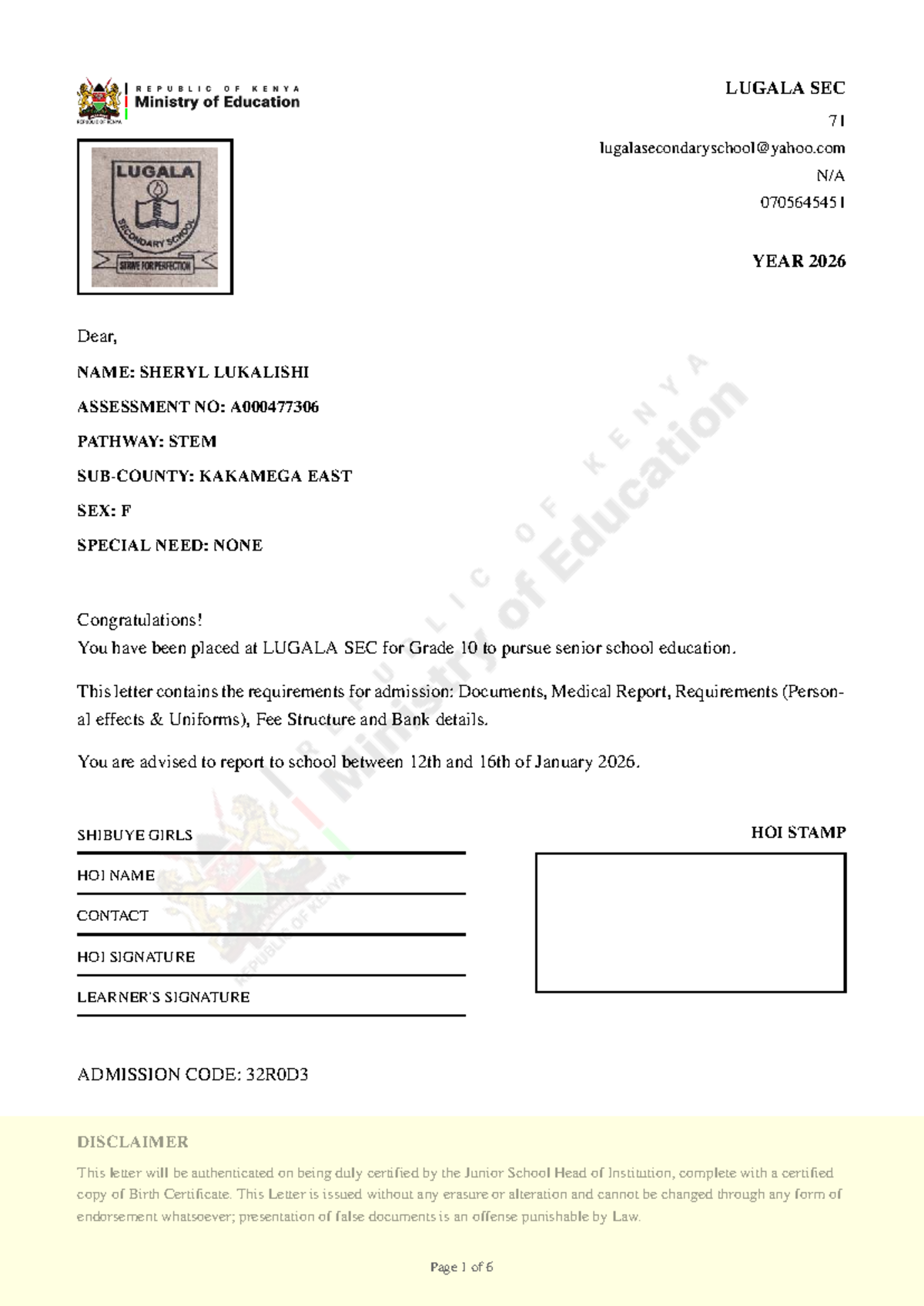LUGALA SEC Admission Letter for Sheryl Lukalishi - 2026 - Studocu