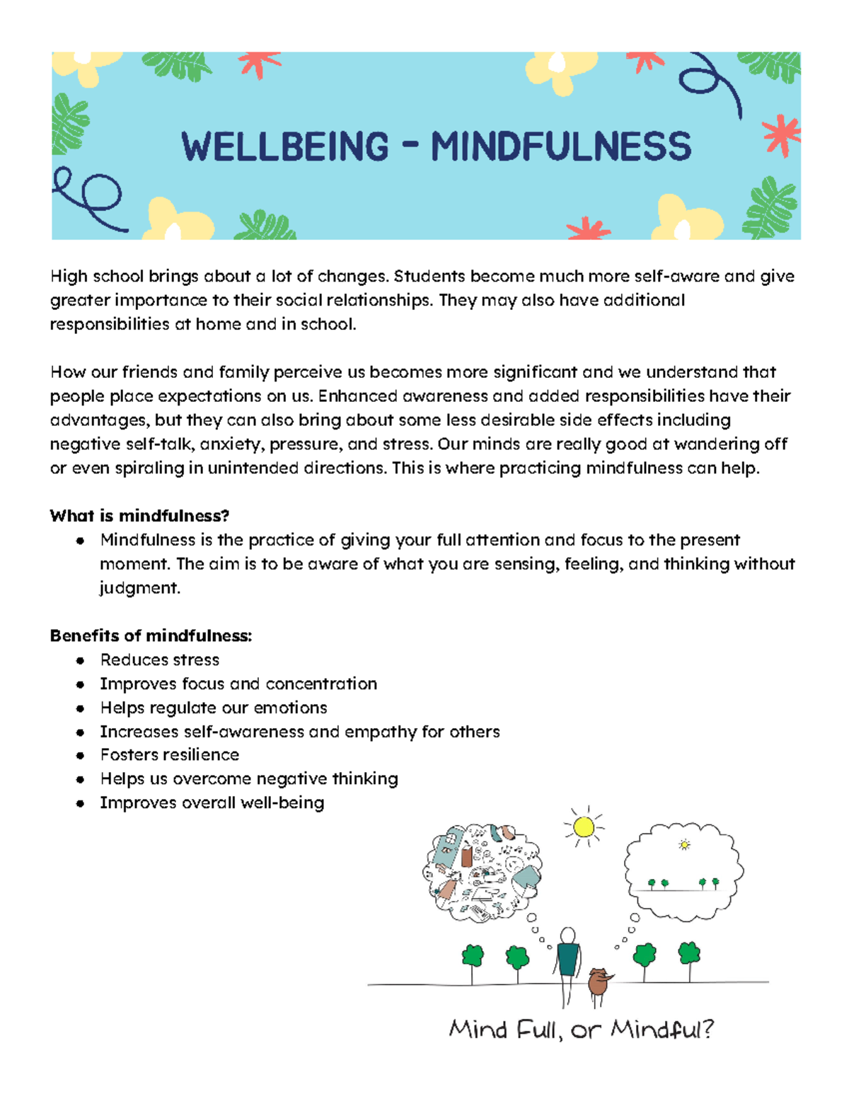 Mindfulness - Worksheet - High school brings about a lot of changes ...
