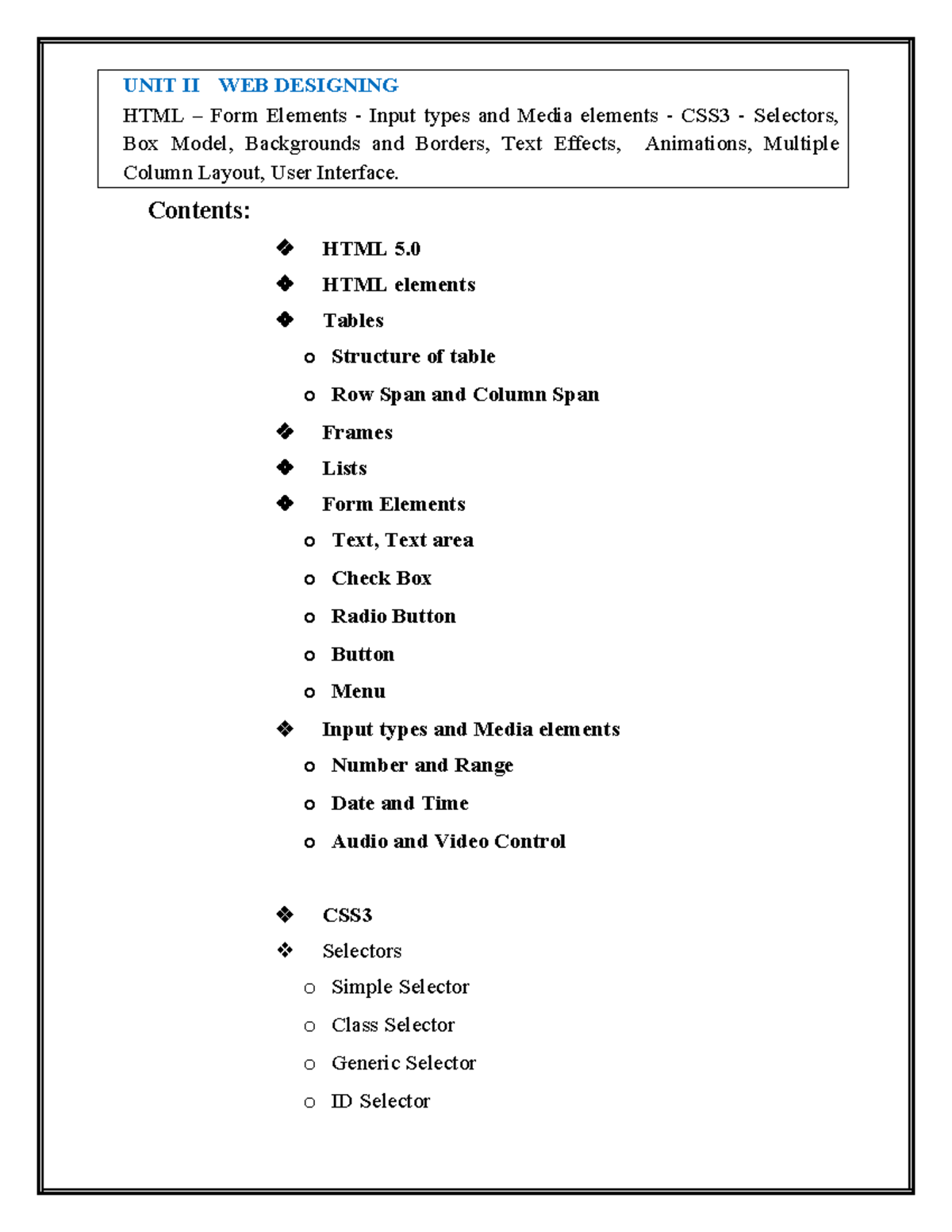 UNIT II WEB DESIGNING: HTML Elements, CSS3 Selectors, and User Input - Studocu