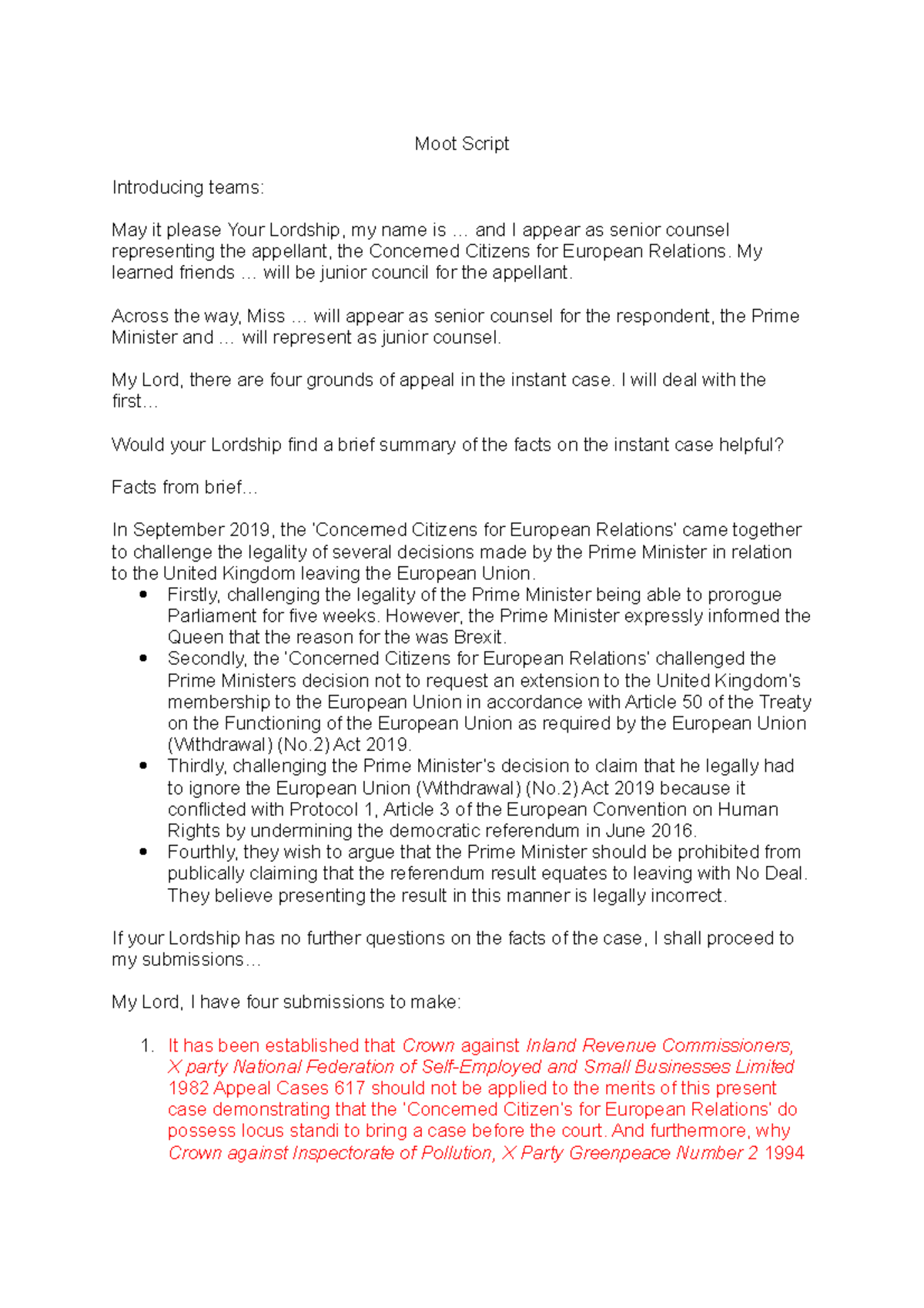 Moot Court Submission Script for Legal Case on Brexit Issues - Studocu