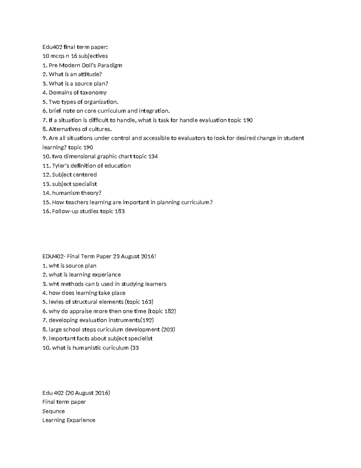 EDU402 - Final Term Exam Paper: MCQs & Subjective Topics Overview - Studocu