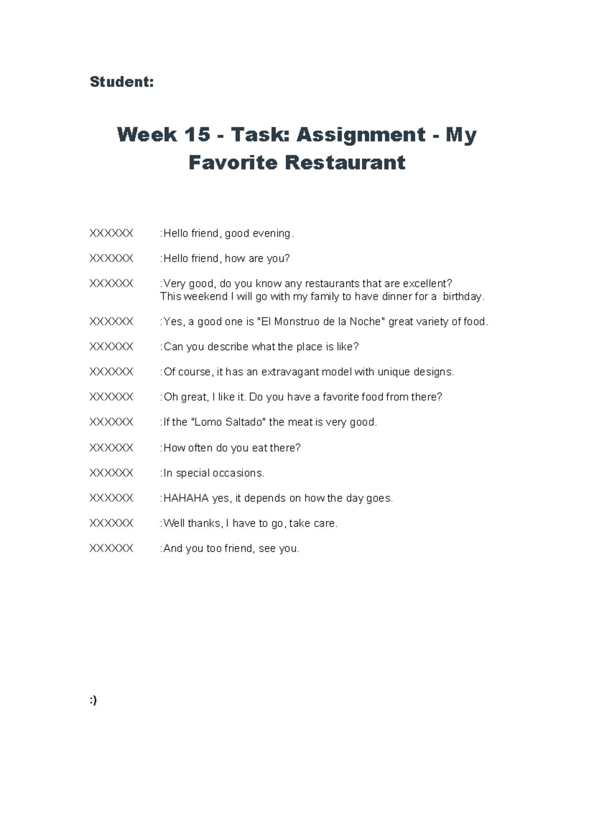 (AC-S15) Week 15 - Assignment: Favorite Restaurant Discussion - Studocu