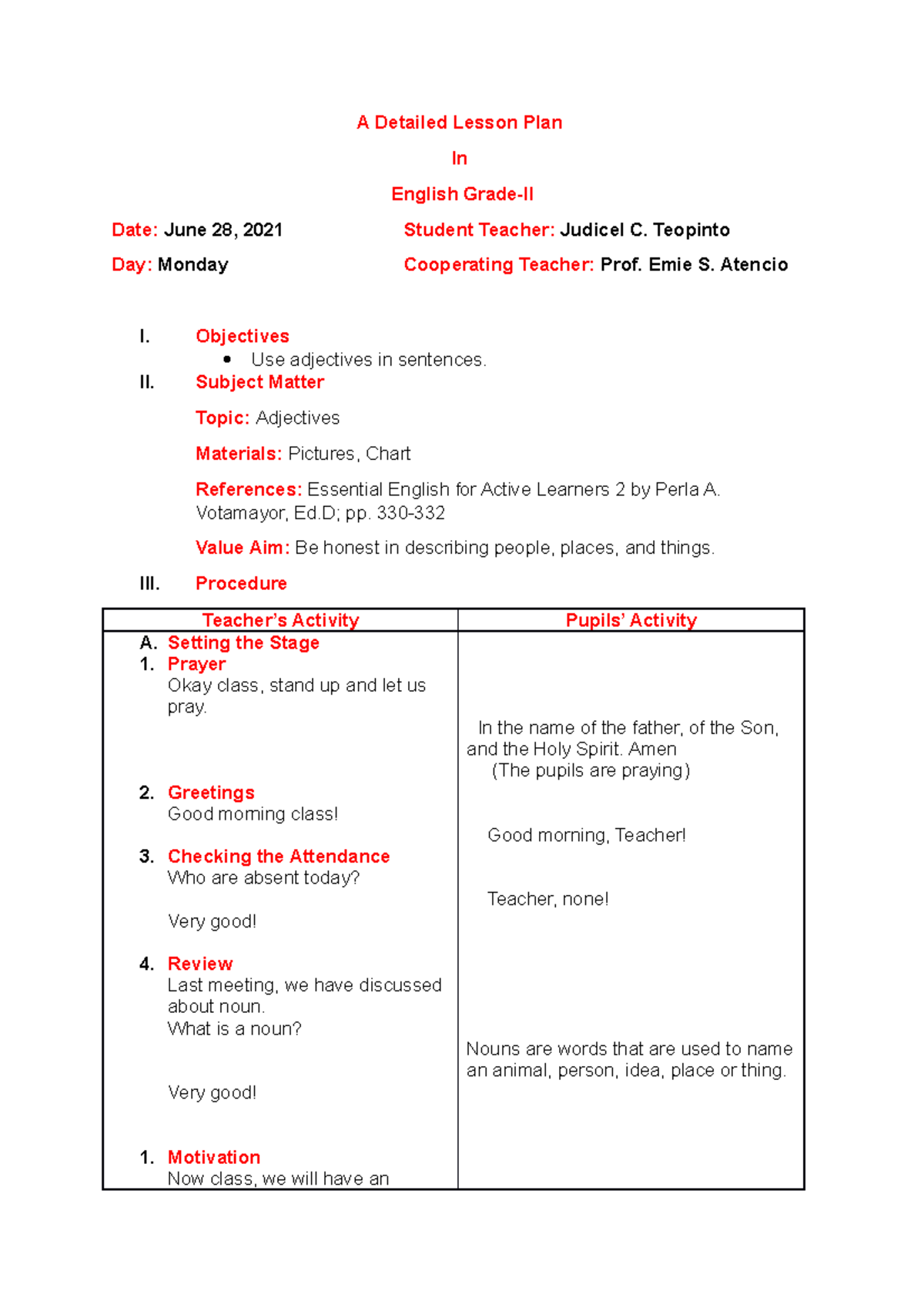 Detailed Lesson Plan on Adjectives - English 2 - Grade II - Studocu
