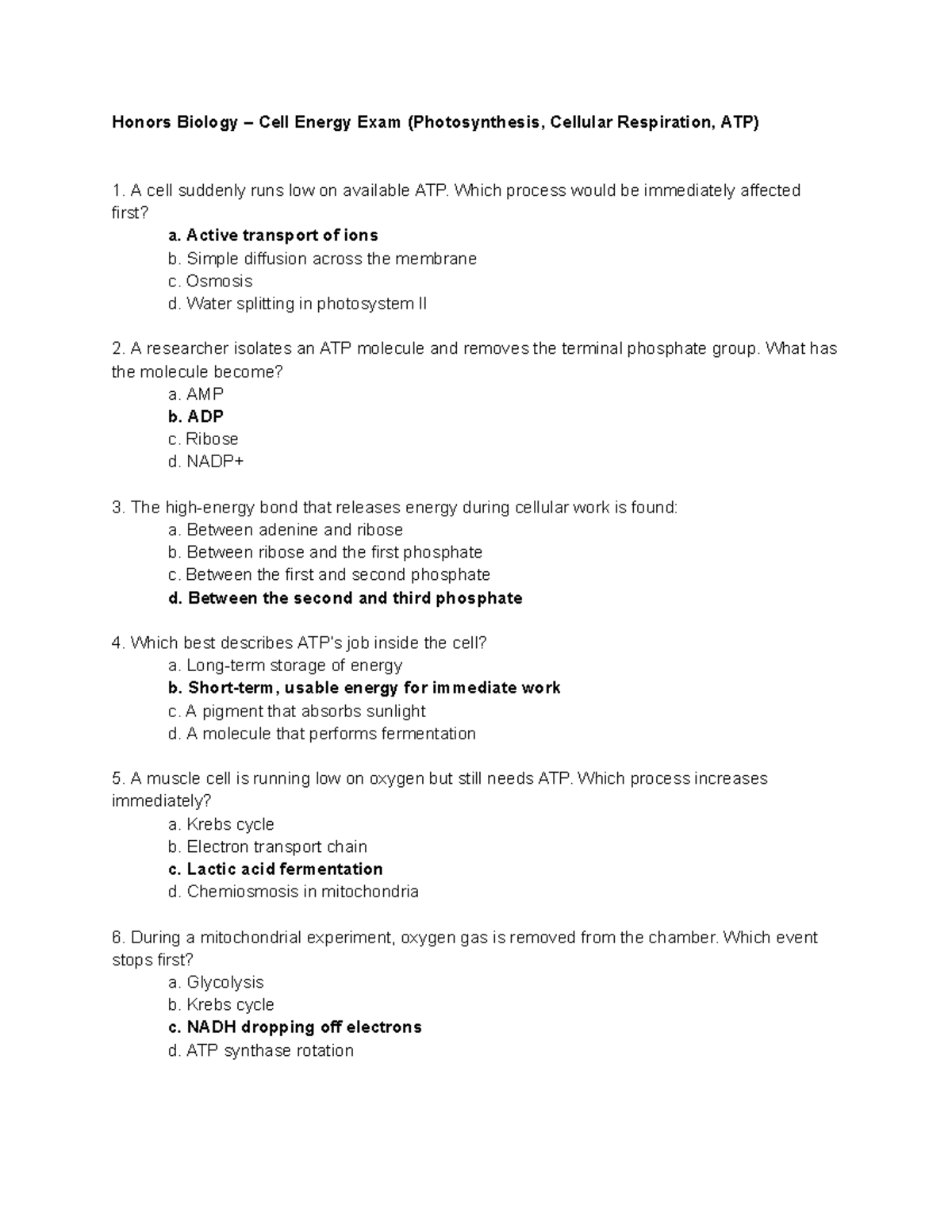 U3 Honors Biology – Cell Energy Exam: Photosynthesis & Respiration ...