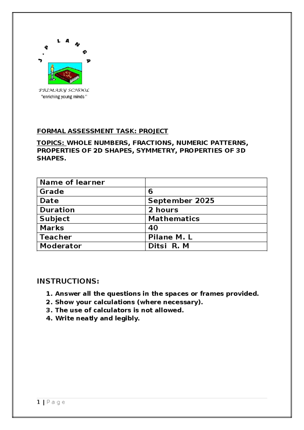 MATH 6 Formal Assessment: Whole Numbers, Fractions & Shapes - Studocu