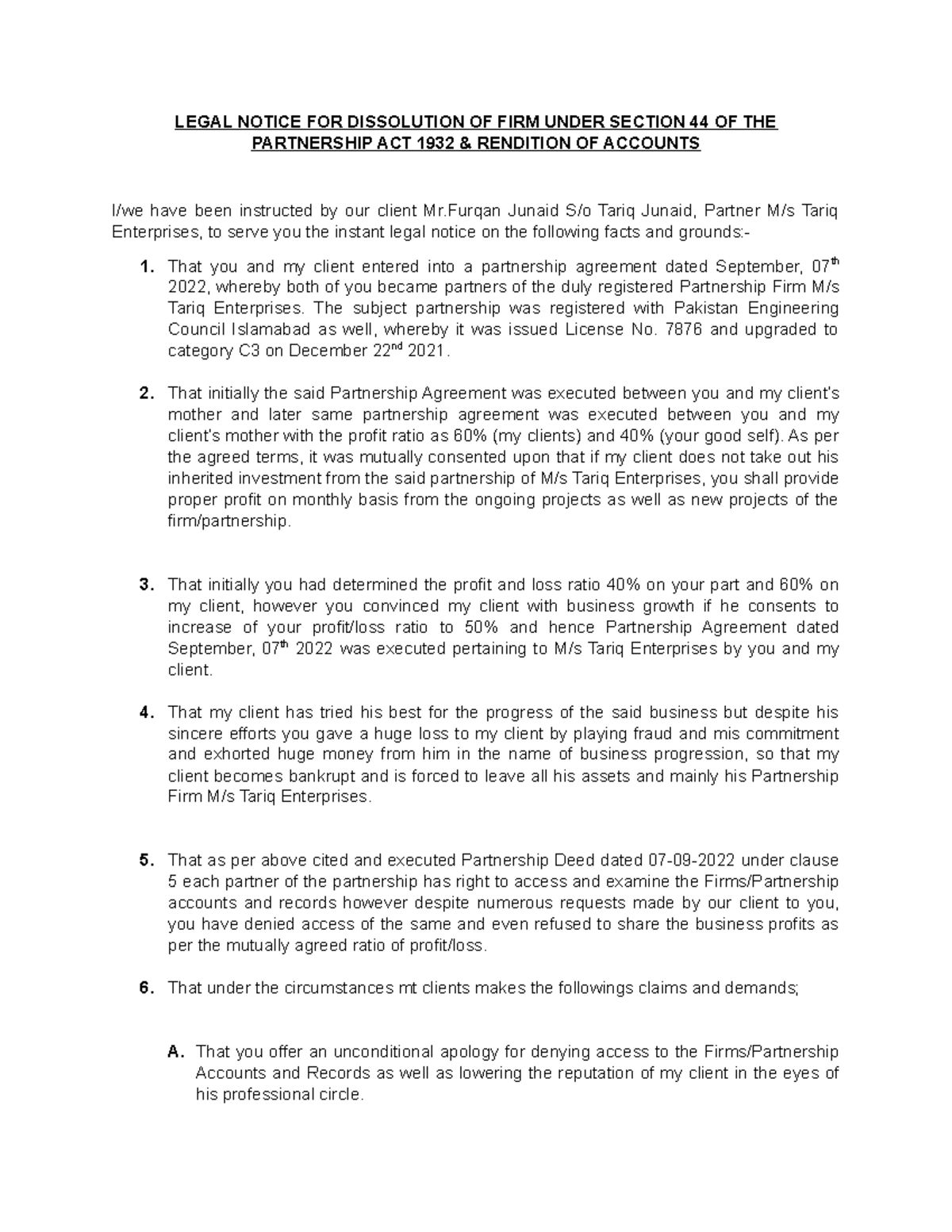 Legal Notice for Dissolution of Partnership Firm M/s Tariq Enterprises ...
