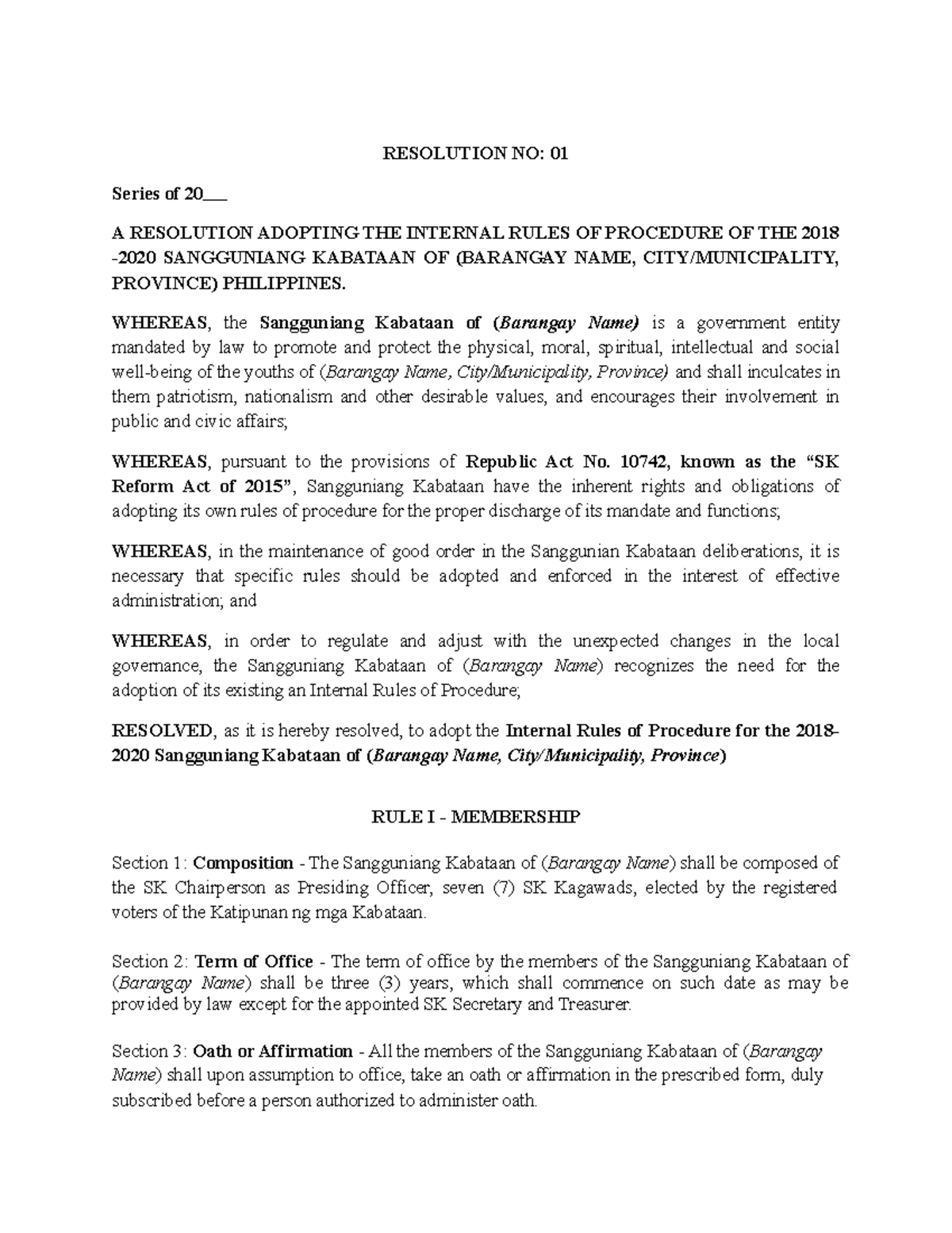 SK Internal Rules and Procedures (Sample) - RESOLUTION NO: 01 Series of 20 A RESOLUTION ADOPTING ...