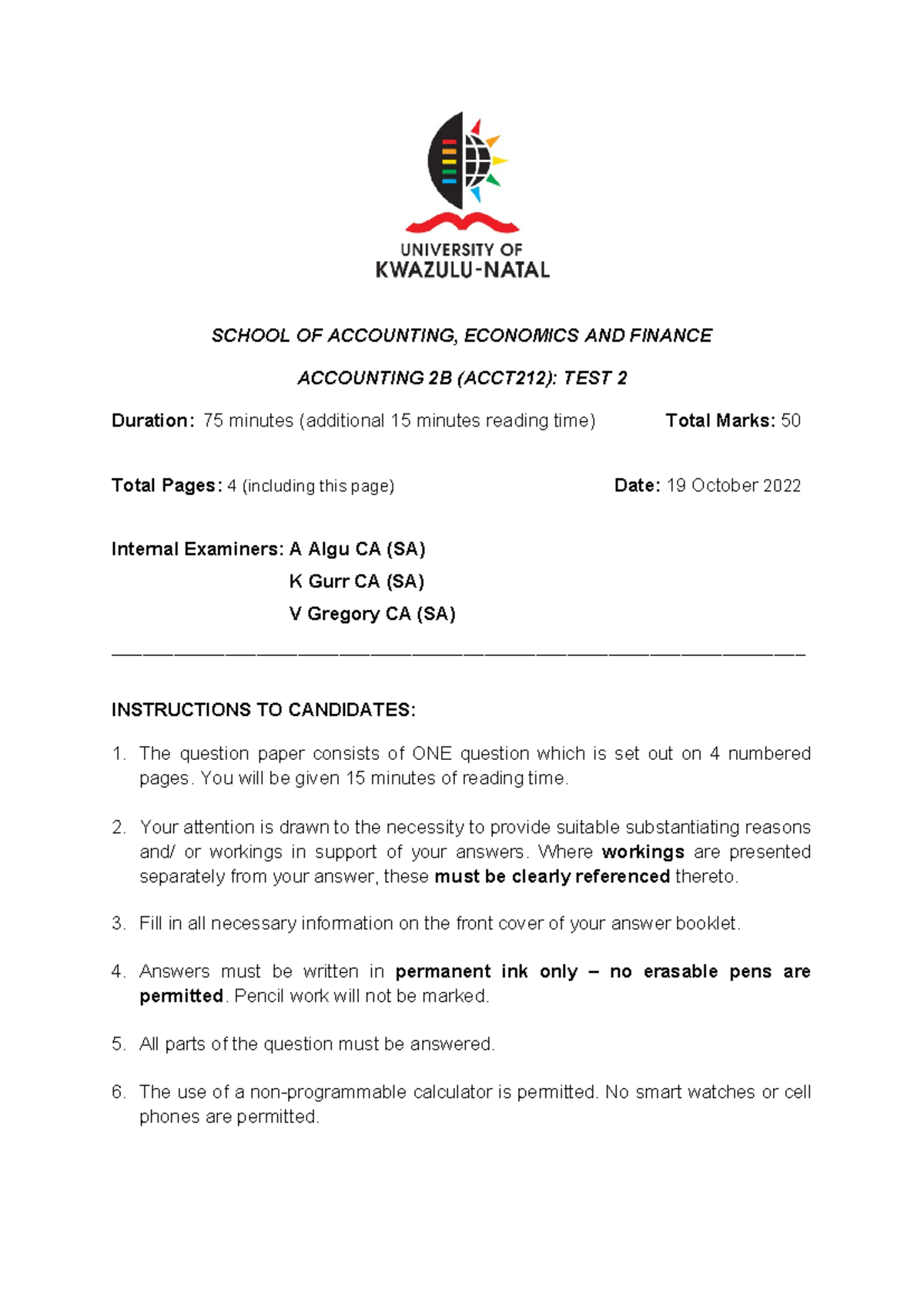 2022 ACCT212 Test 2 Question - SCHOOL OF ACCOUNTING, ECONOMICS AND ...