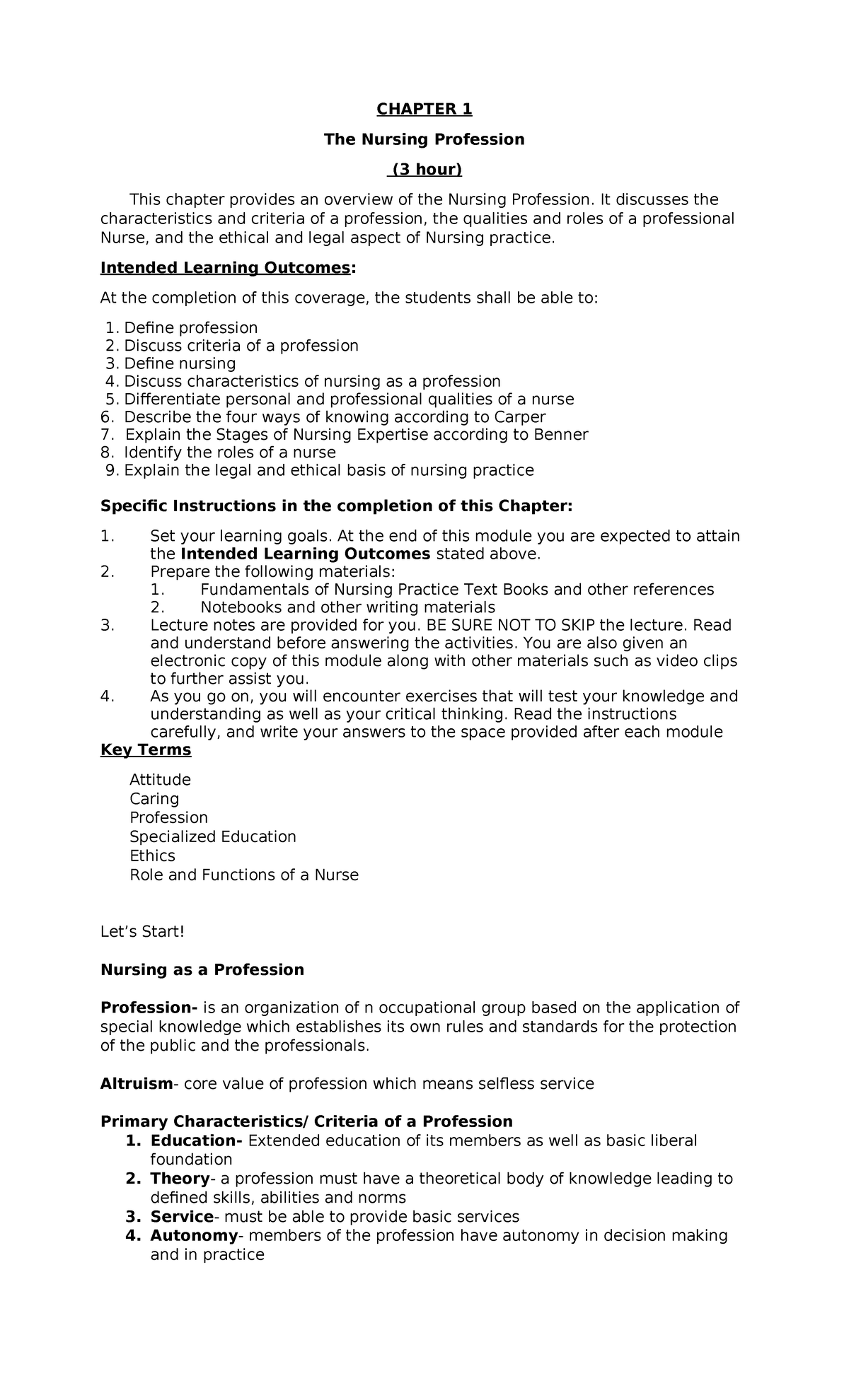 Understanding the Nursing Profession: Chapters 1-3 Overview - Studocu