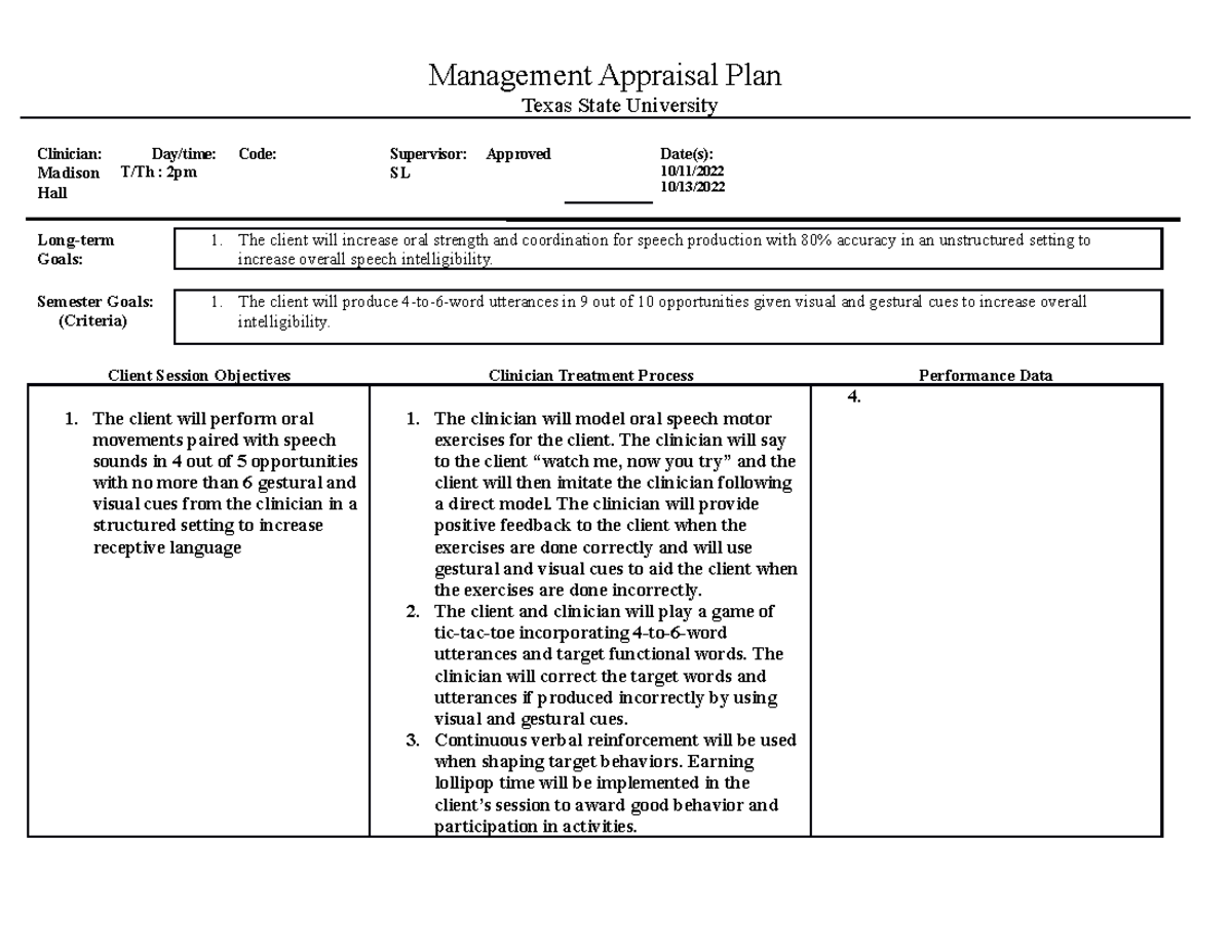 MAP template - example of management appraisal plan for clinical ...