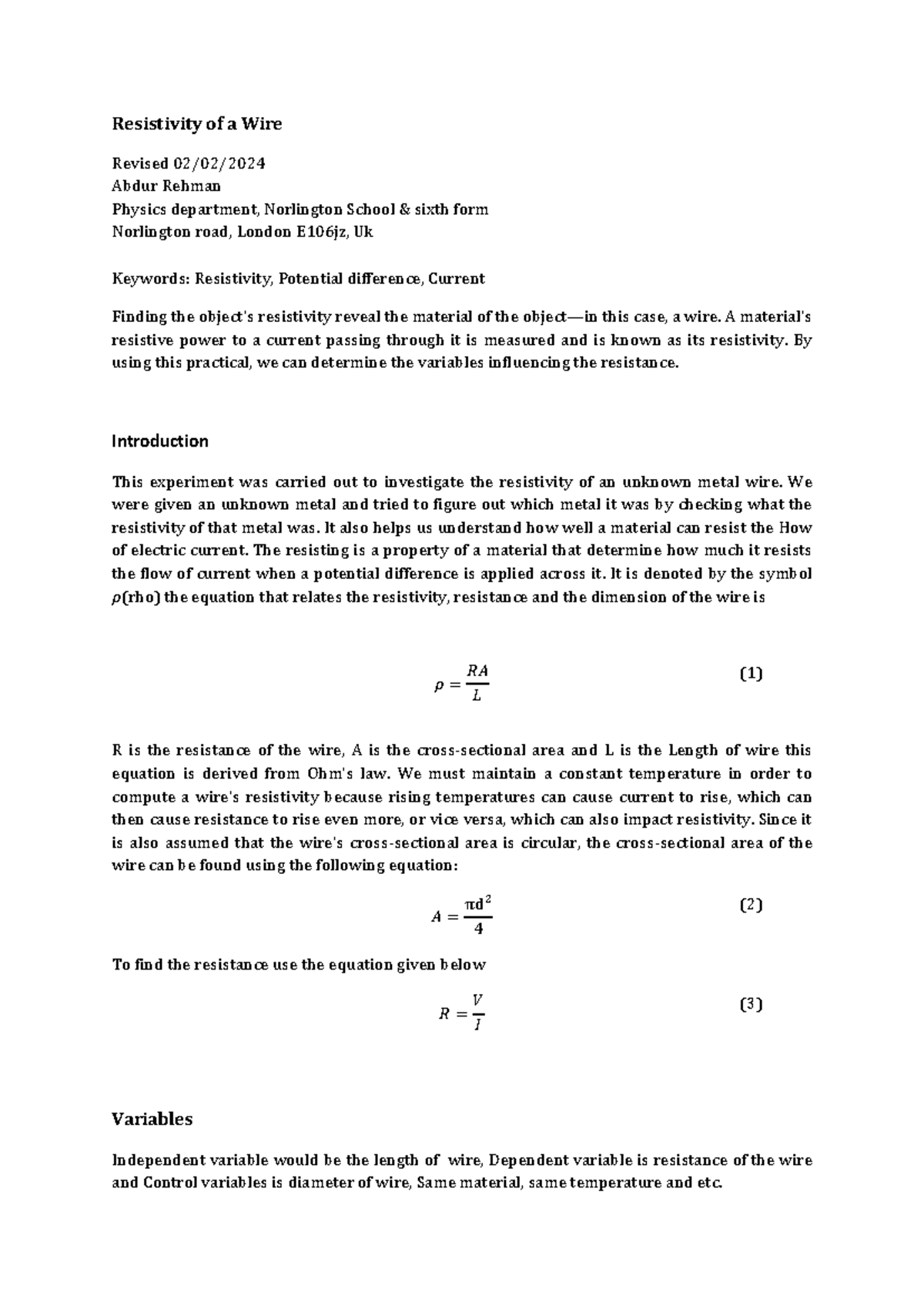 Phy RP - Practical 5: Investigating Wire Resistivity Experiment - Studocu