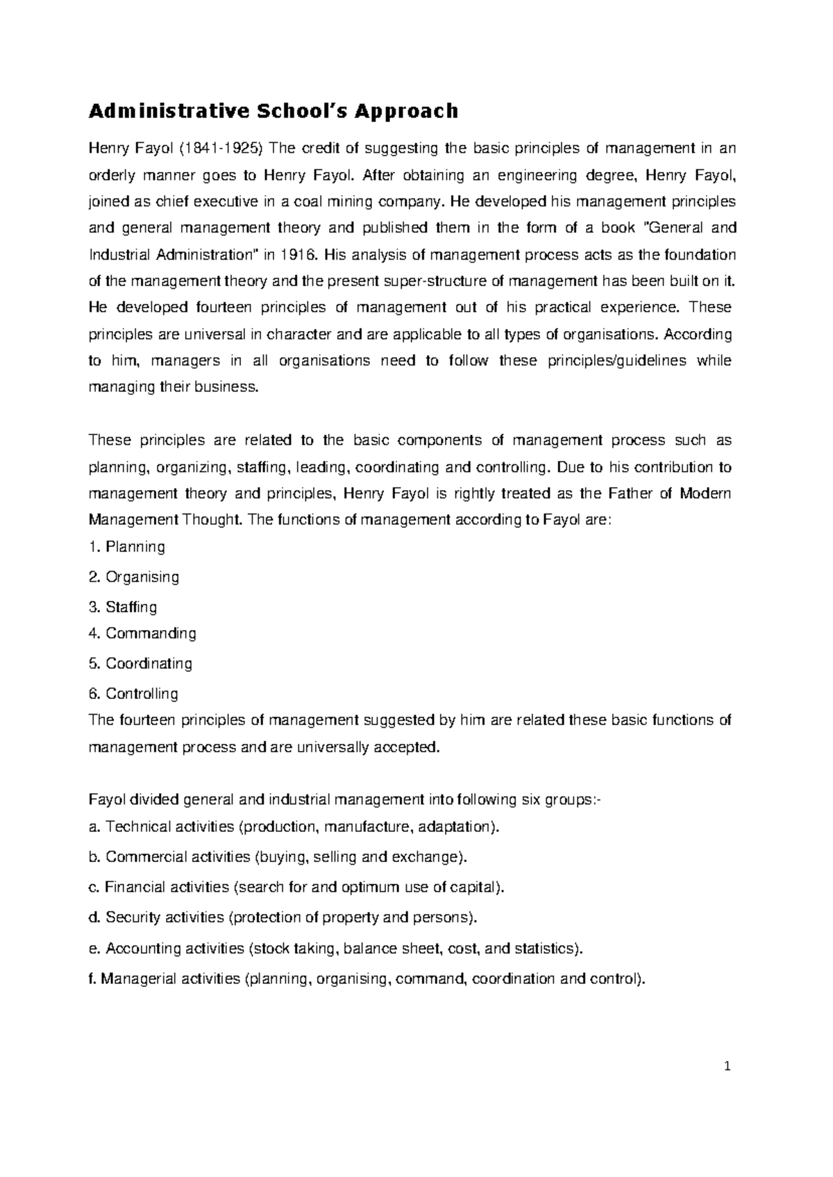 Administrative Approach to Management: Insights from Henry Fayol - Studocu