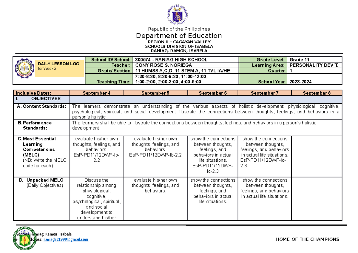 DLL Perdev Q1 W2 - Week 2: Holistic Development & Self-Evaluation - Studocu