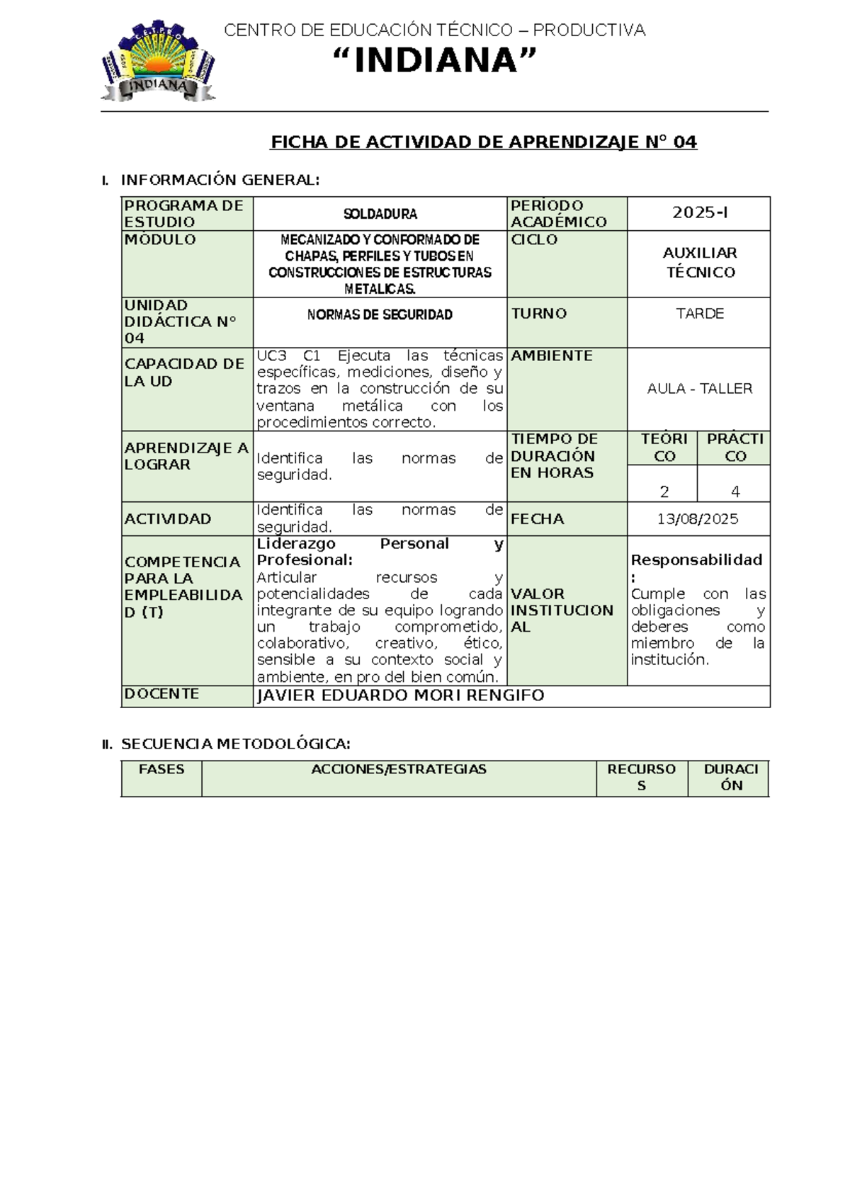 Ficha de Actividad N°04: Normas de Seguridad en Soldadura - UC3 C1 - Studocu