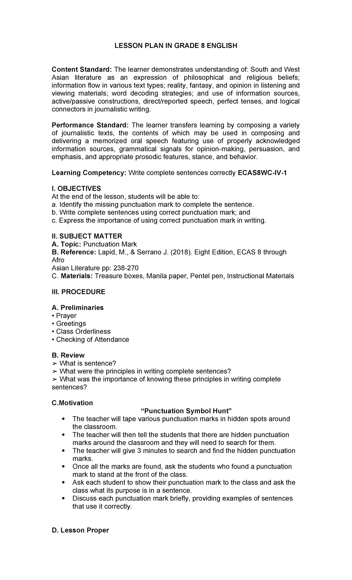 Grade 8 English Lesson Plan: Understanding Punctuation Marks - Studocu