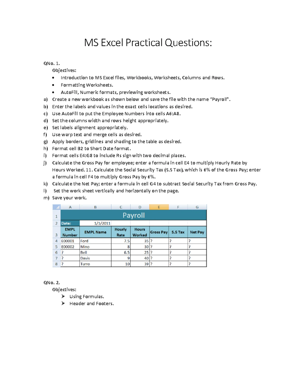 MS Excel Practical Questions for Learners - MS Excel Practical ...