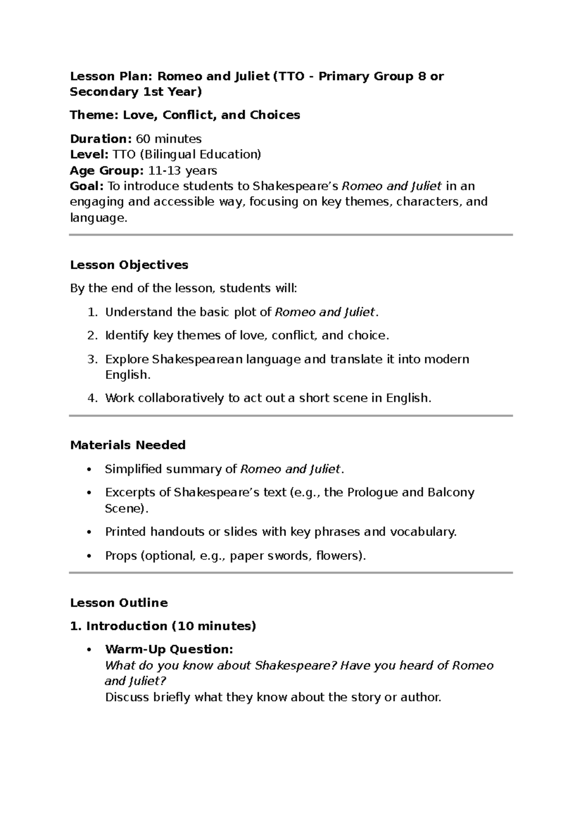 Lesson Plan: Engaging with Romeo and Juliet (TTO - Primary 8) - Studeersnel