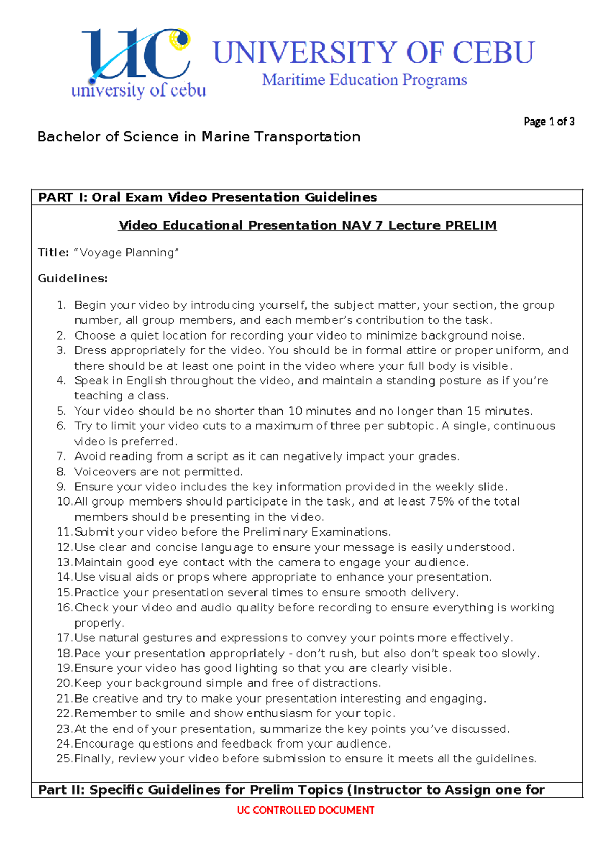 NAV 7 Prelim Oral Exam Video Presentation Guidelines - Studocu