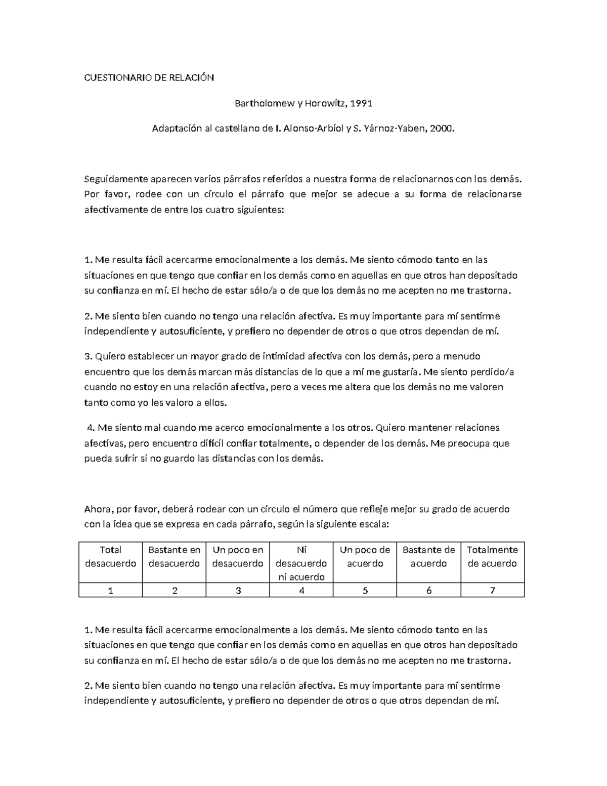Cuestionario de Relación - V. 1 (Adaptación de Bartholomew y Horowitz ...