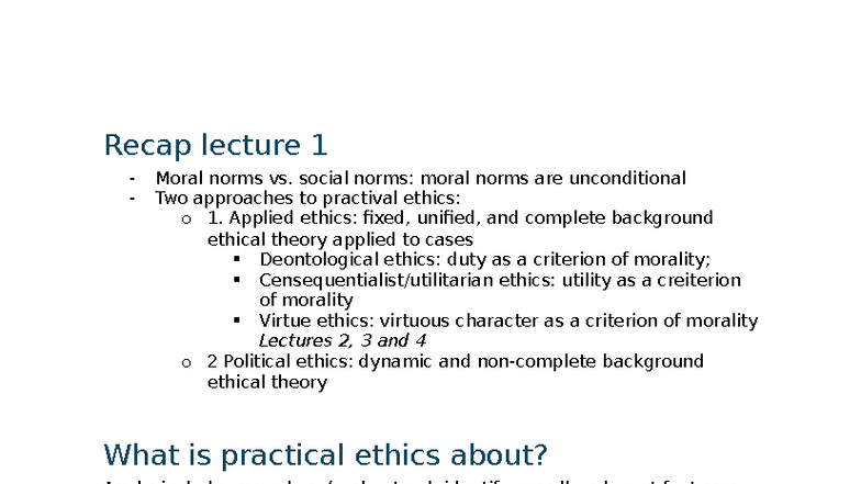 Lecture 1 Recap: Moral Norms vs. Social Norms in Ethics (HC2) - Studeersnel