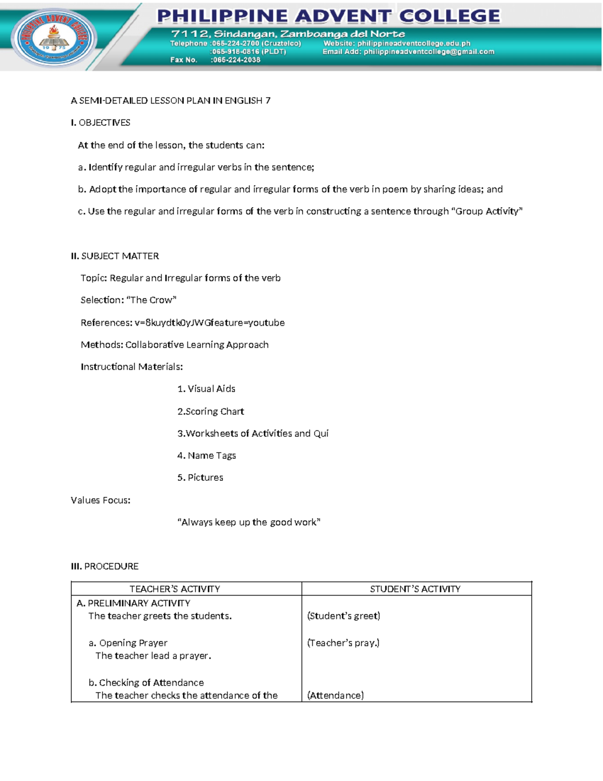 Cj LP - Lesson Plan on Regular and Irregular Verbs for English 7 - Studocu