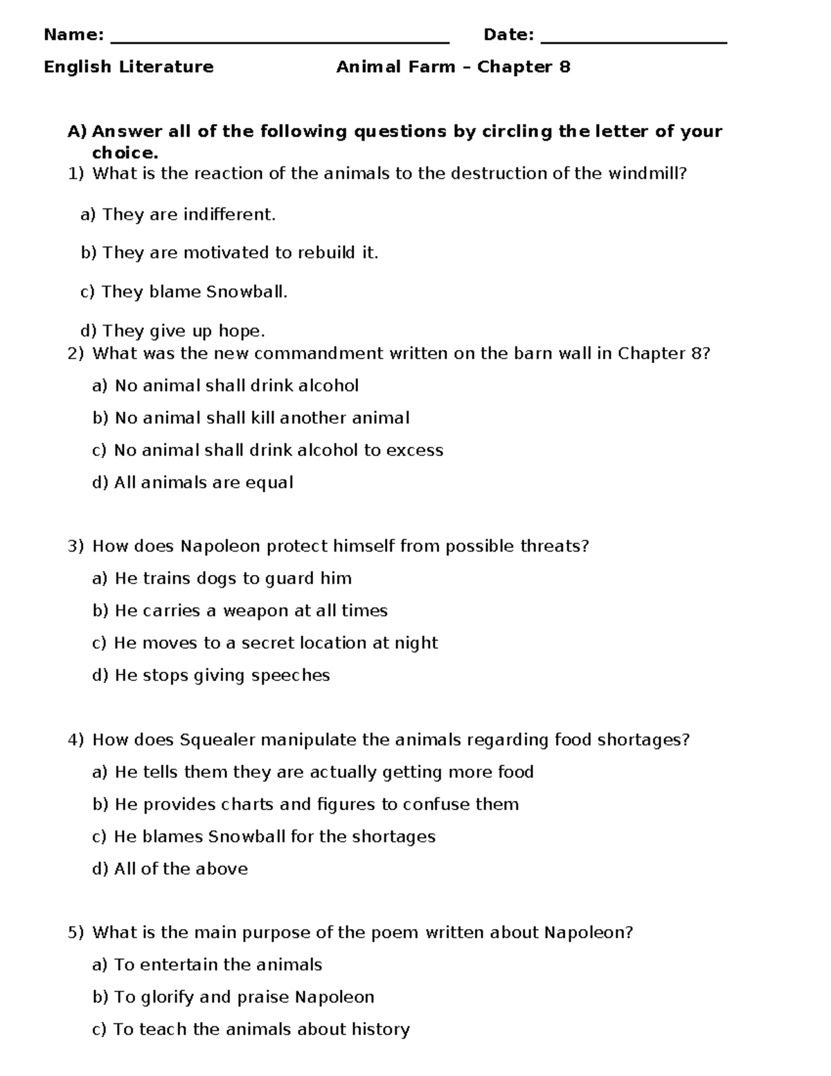 Animal Farm (ENG 101) Chapter 8 Study Questions and Answers - Studocu